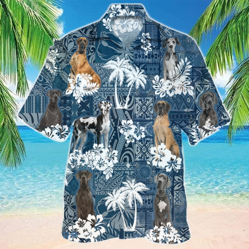 Great Dane In Tropical Plants Pattern Blue And White Hawaiian Shirt ...