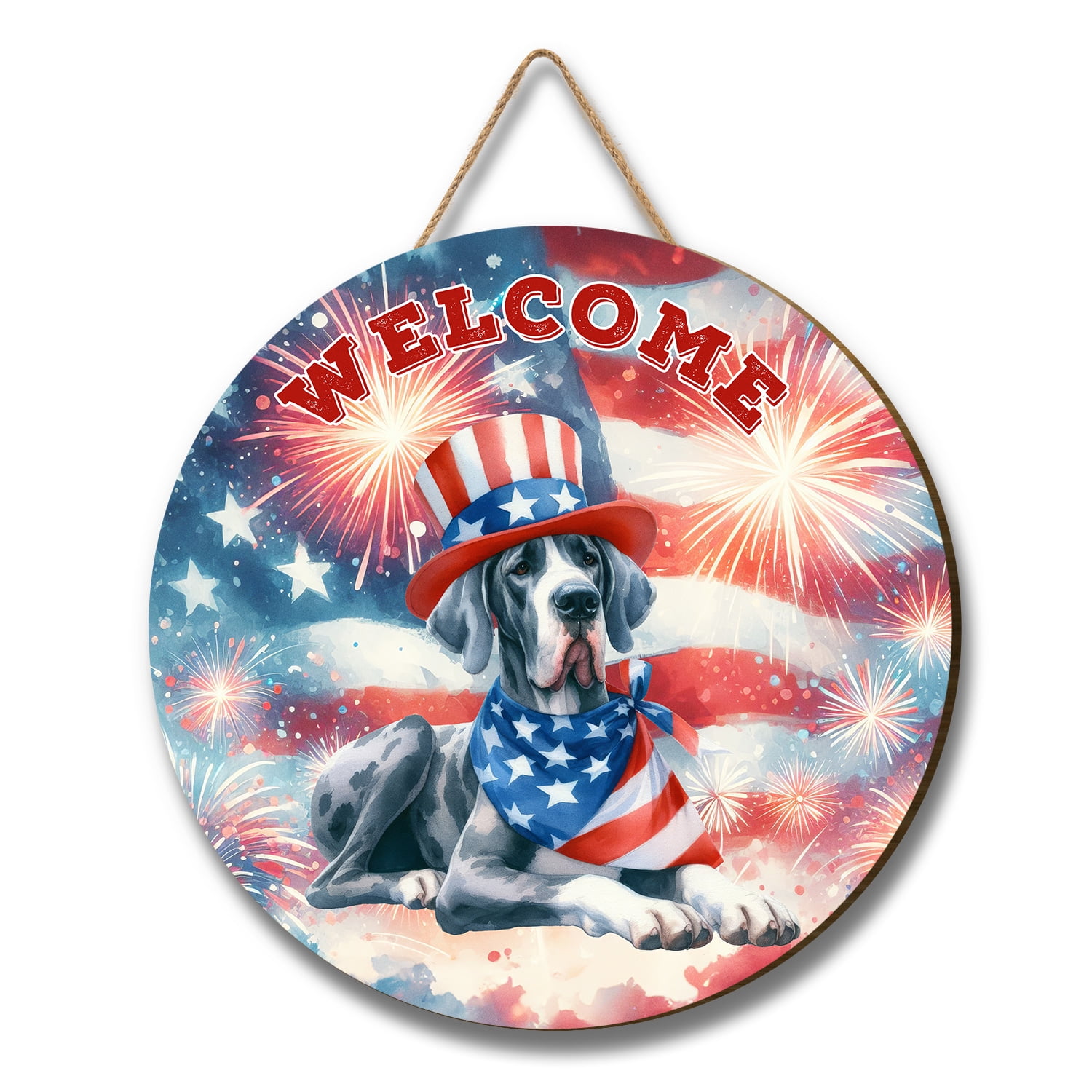 Great Dane Patriotic Welcome for 4Th of July Independence Day Round ...