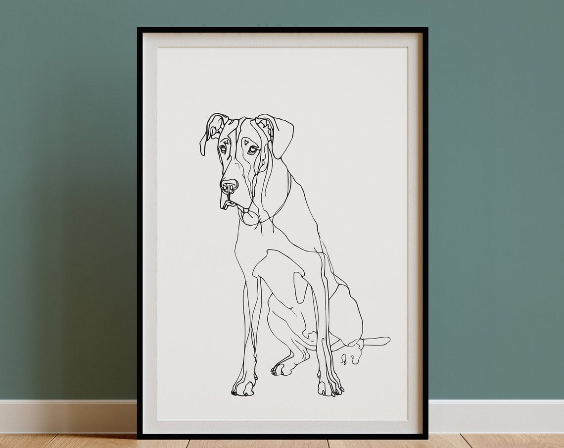 Great Dane Wall Art Print, Minimalist Line Drawing Poster, Ugly Badly ...