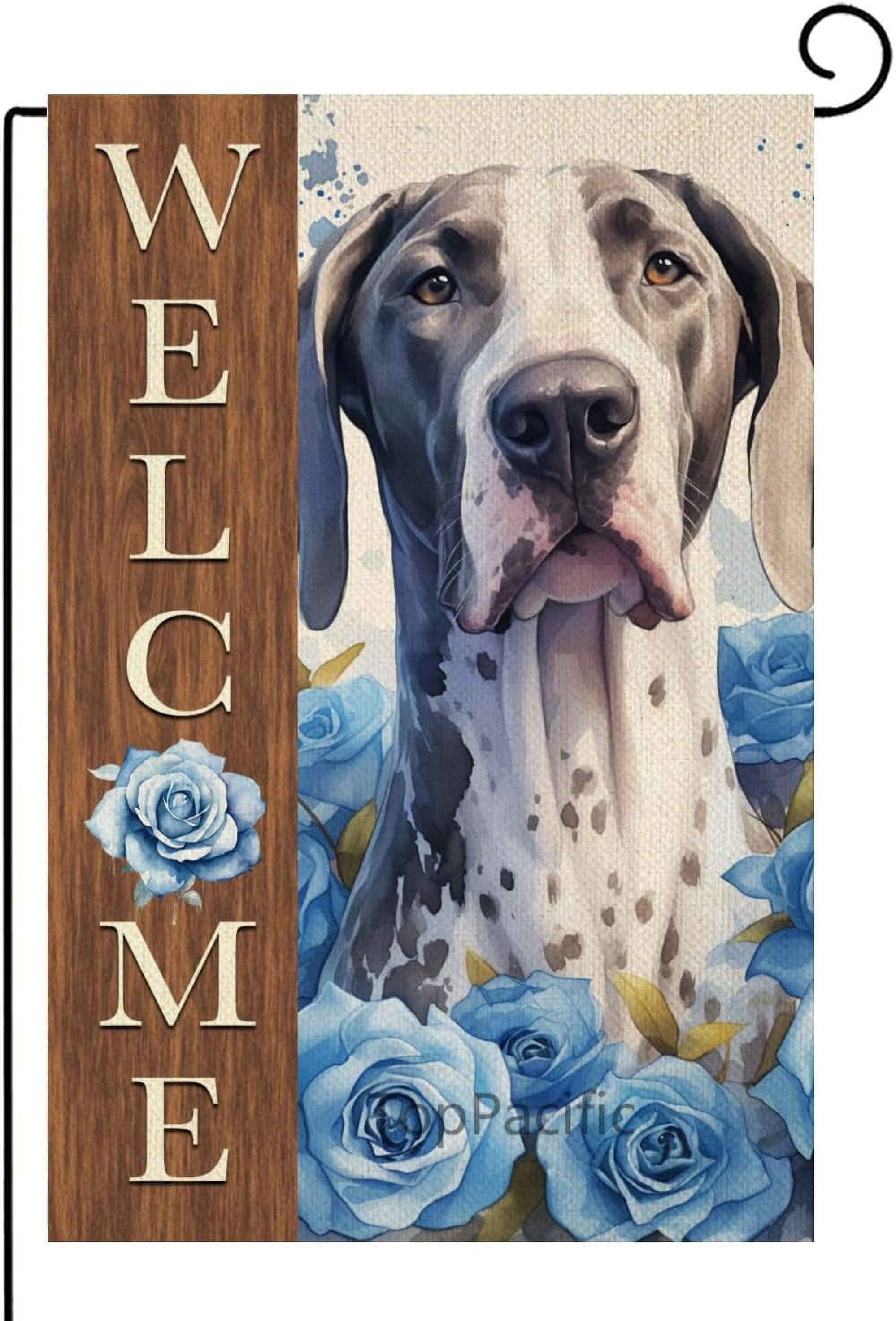 Great Dane Welcome Garden Flag Spring Summer Blue Rose Garden Flag ...