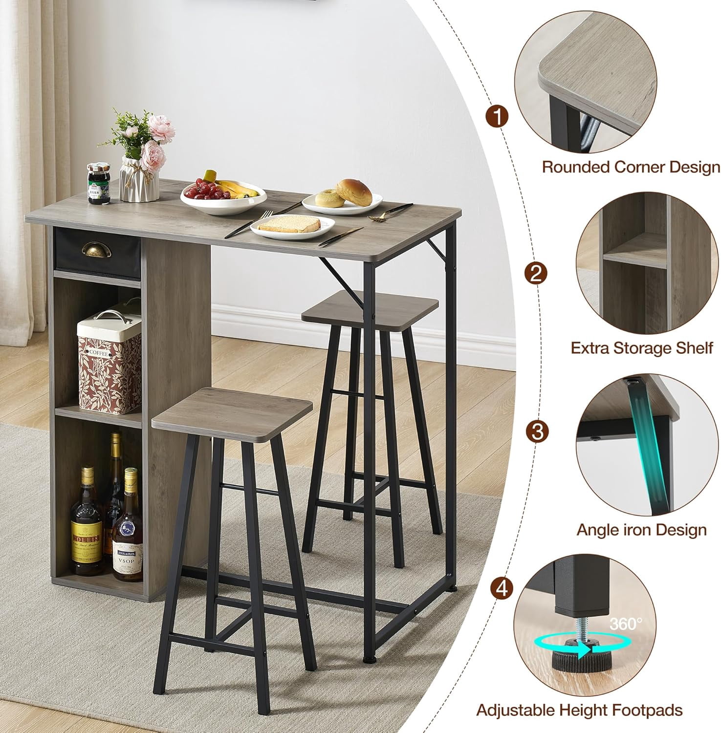 Great Deal 3 Piece Bar Table Set with Storage - Dining Table with 1 ...