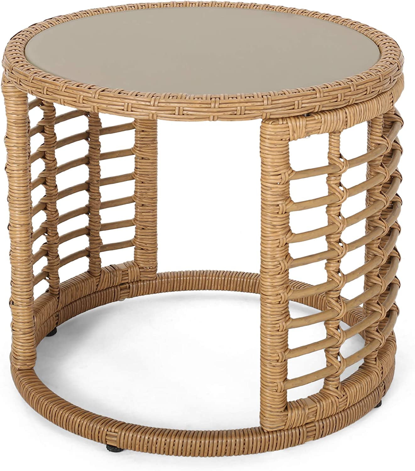 Great Deal Indoor Boho Wicker Side with Tempered Glass Top Light Brown ...