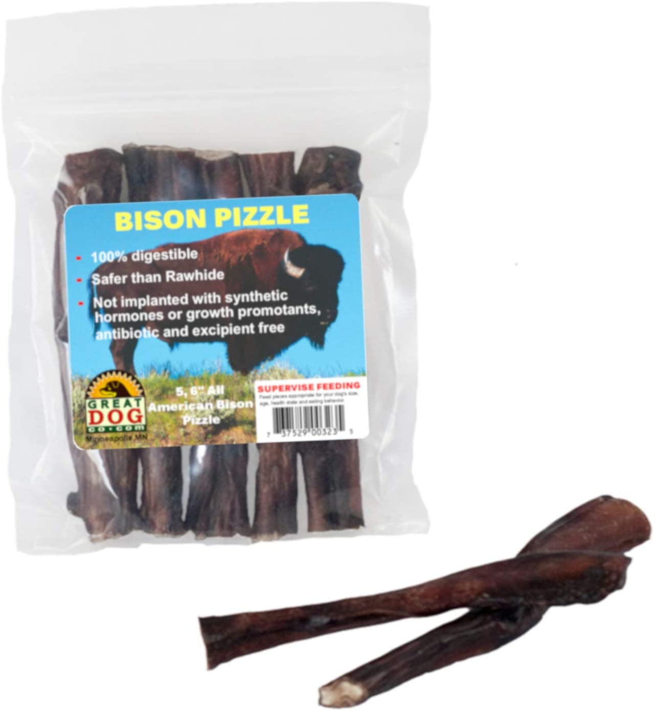 Great Dog Bison Pizzle (Bison Bully Sticks) - 5, 6 Inch Bully Sticks ...