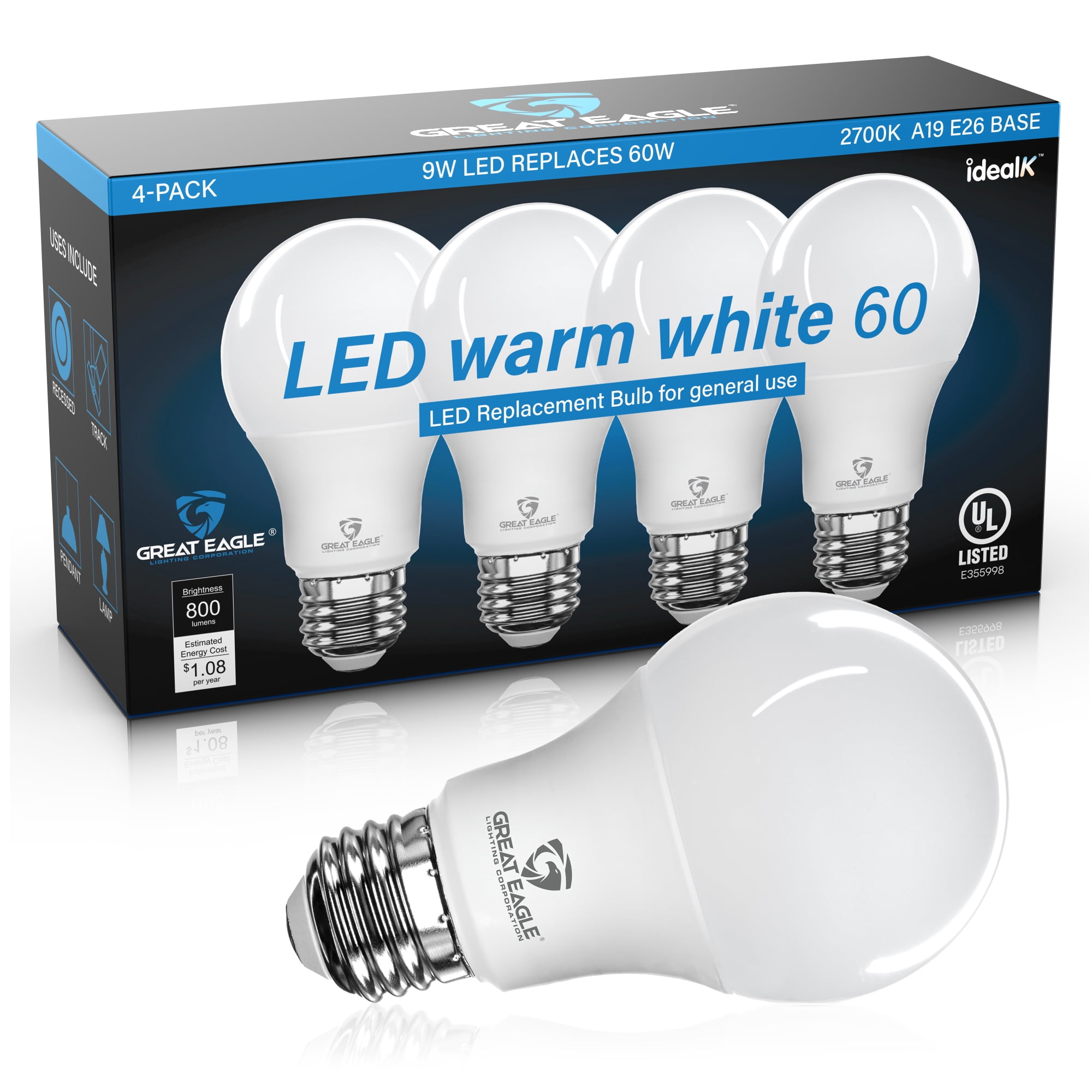 Great Eagle 60W LED Light Bulbs (Uses only 9W) 2700K Warm White, Non ...