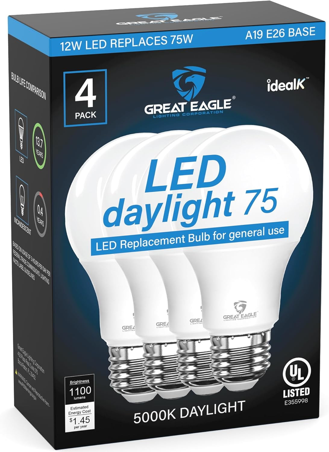 Great Eagle A19 Led Bulbs 75 Watt Equivalent - UL Listed - 5000K ...