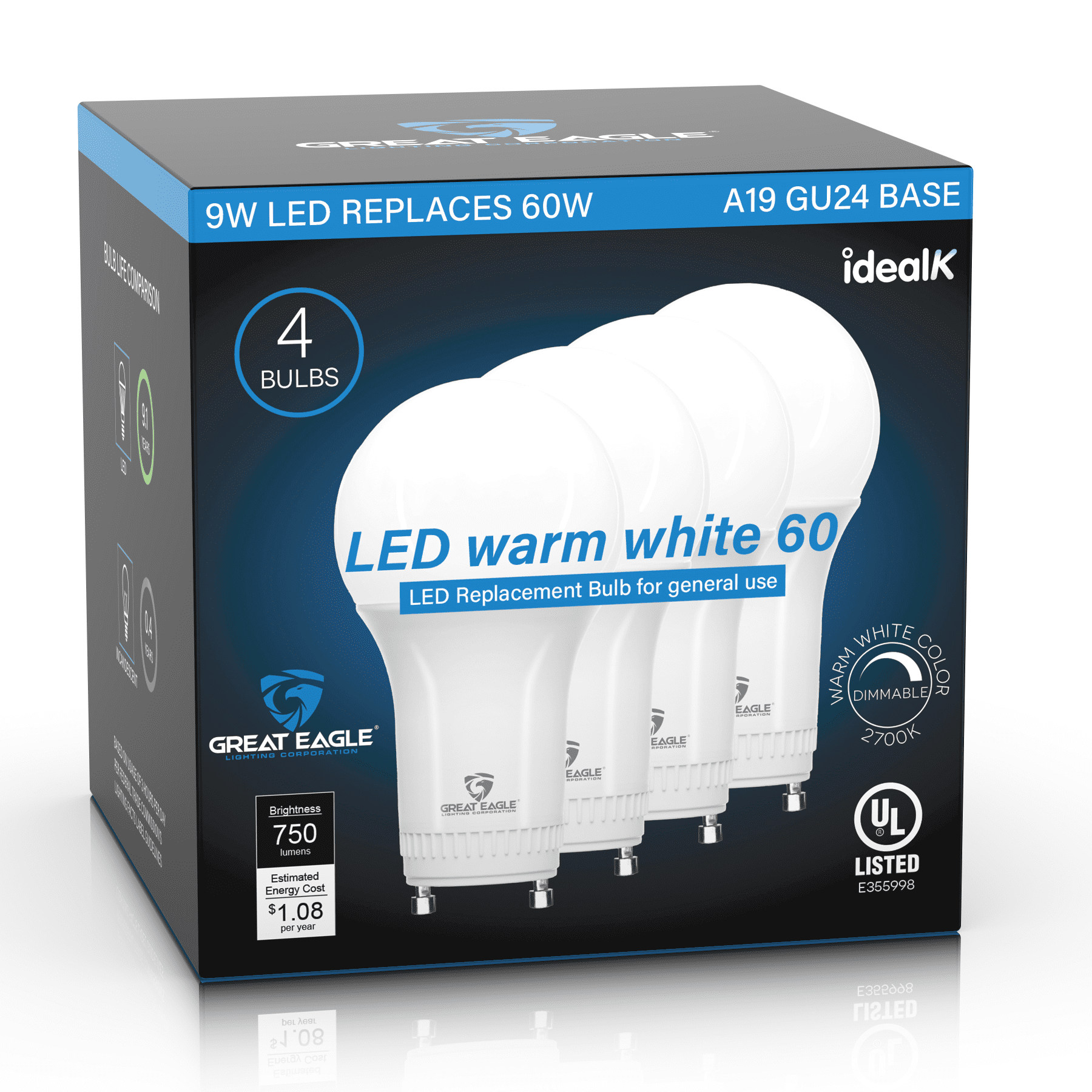 Great Eagle GU24 Led Bulb - 9W (60W Equivalent), Dimmable, 2700K Warm ...