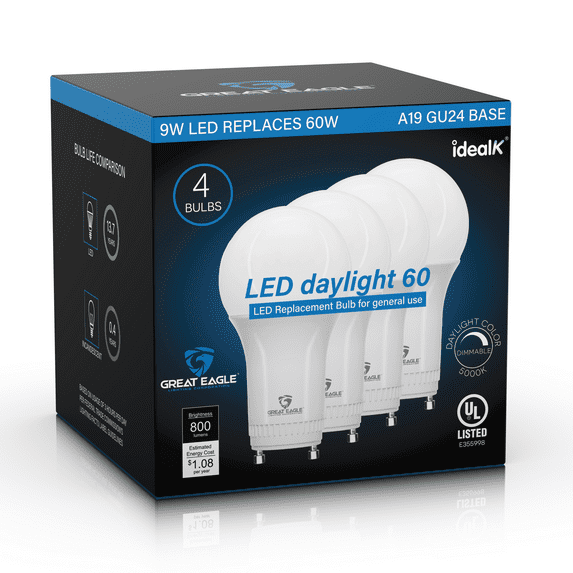 Great Eagle GU24 LED Bulb, 9W 60W Equivalent, Dimmable, 5000K Daylight ...