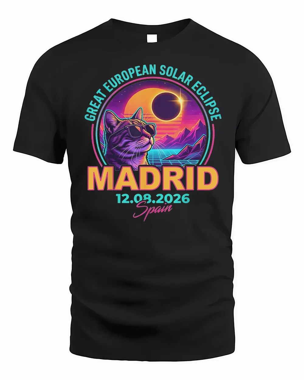 Great European Solar Eclipse 2026 Madrid Spain Cat Retro Shirt ...