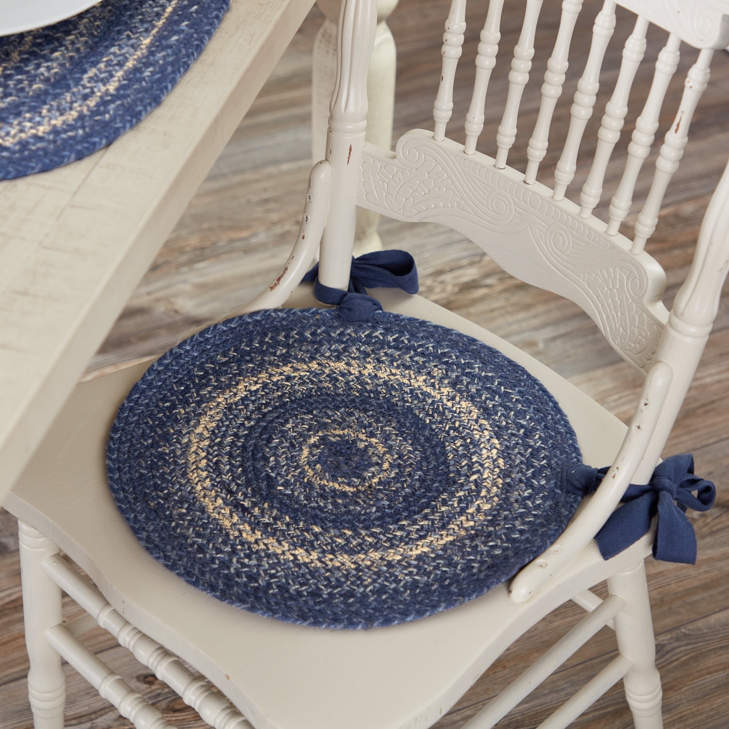 VHC Brands Great Falls Blue Round Seat Cushion Chair Pad, Blue White ...