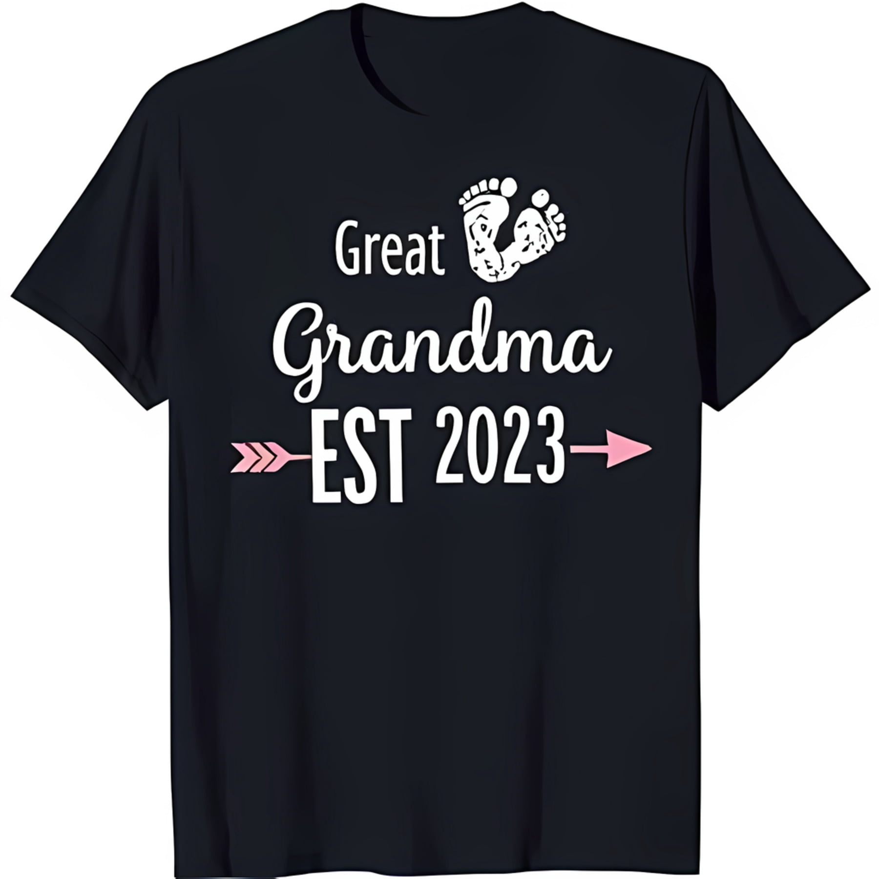 Great Grandma EST 2023 Black T-Shirt with Footprints & Arrow Graphic ...