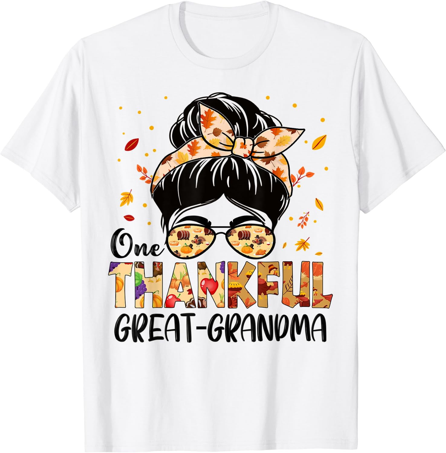 Great-Grandma Thankful Messy Bun Grandma Thanksgiving Fall T-Shirt ...