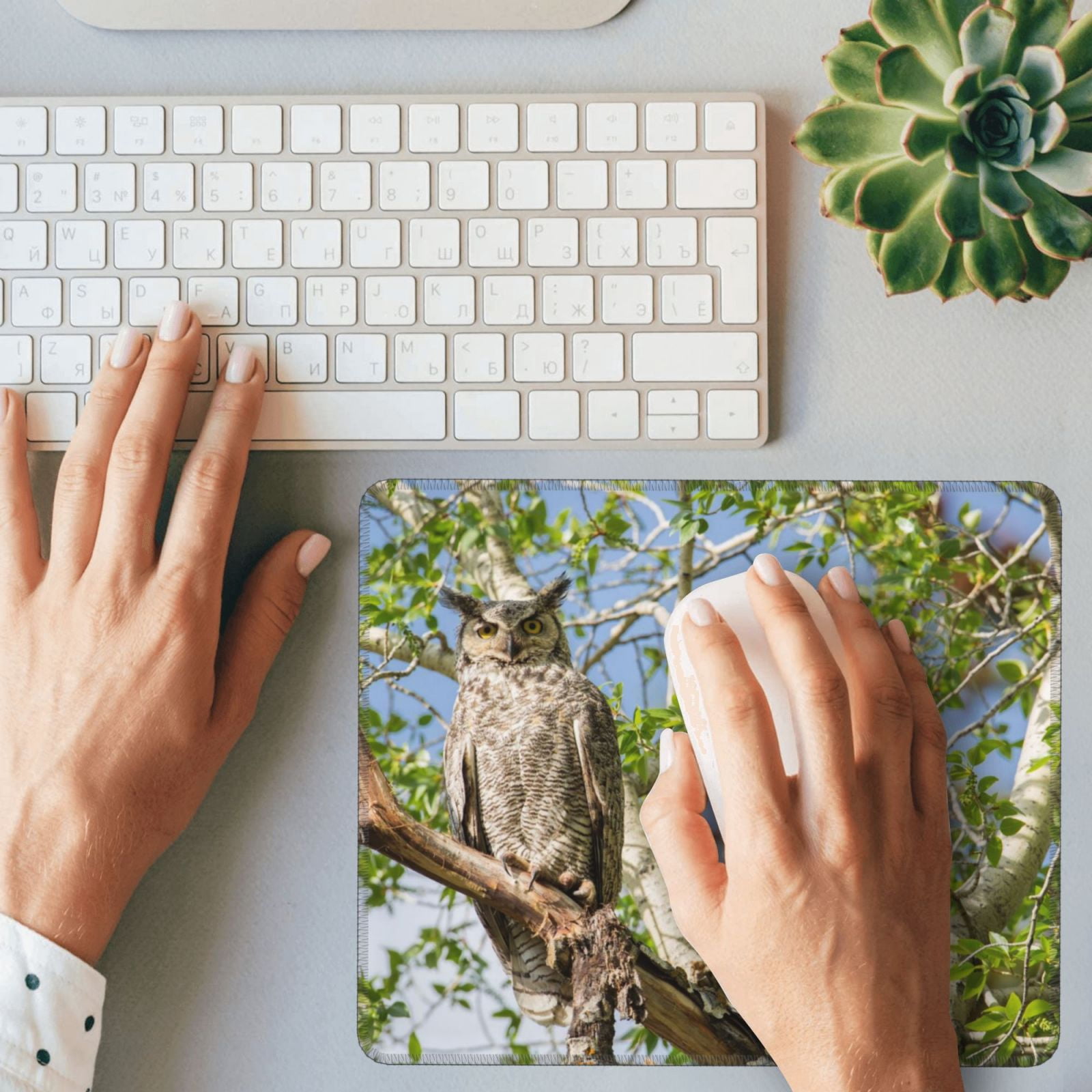 Great Horned Owl Perched In Tree Print Rubber Lock Edge Mouse pad ...