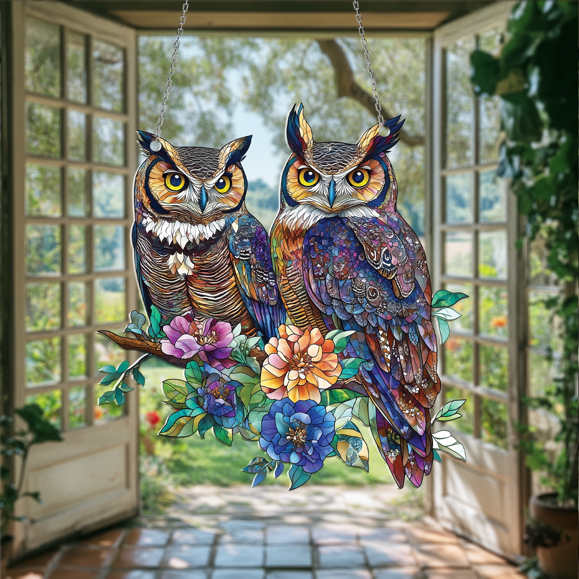 Great Horned Owl Window Hanging - Acrylic Suncatcher with Purple ...