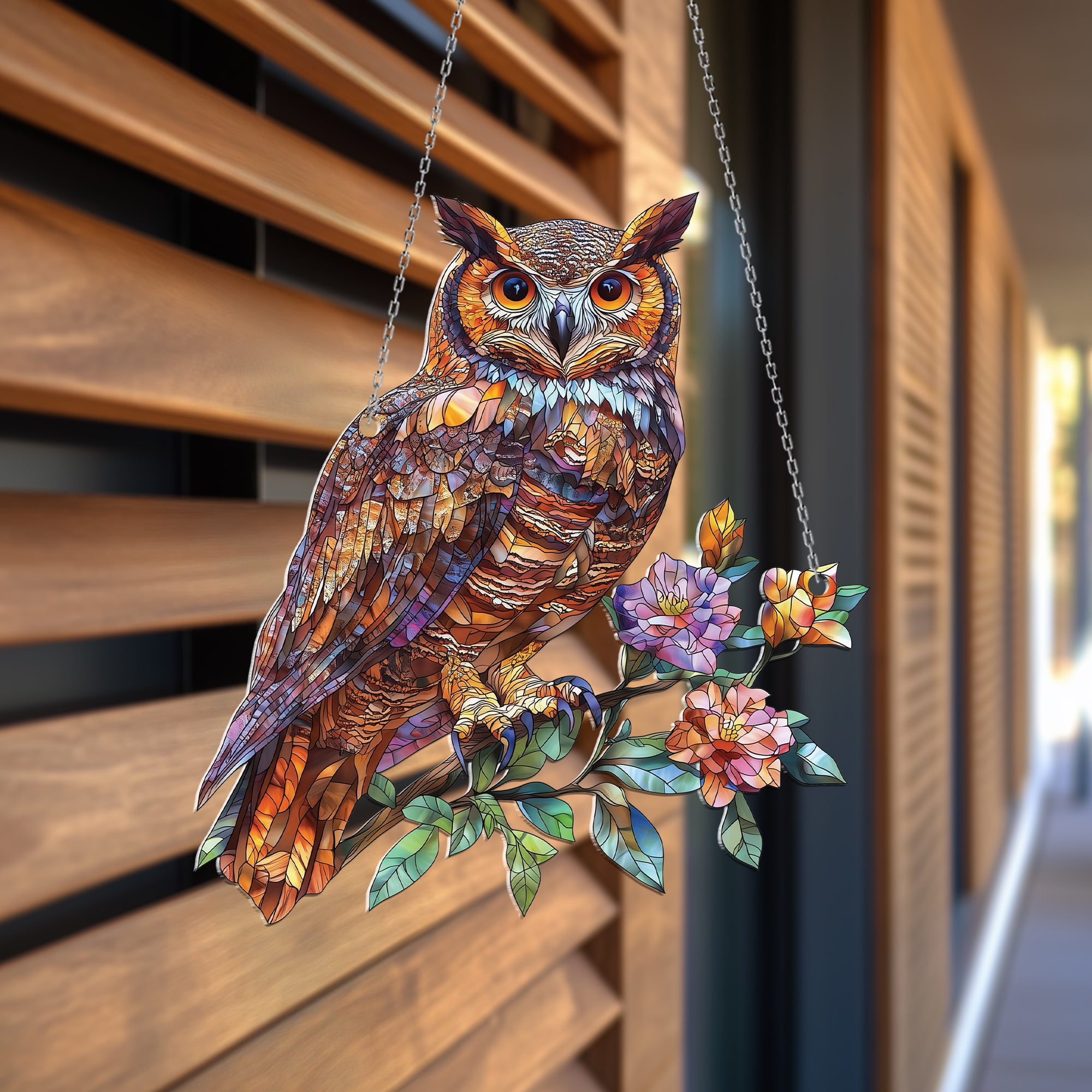 Great Horned Owl Window Hanging - Acrylic Suncatcher with Purple ...