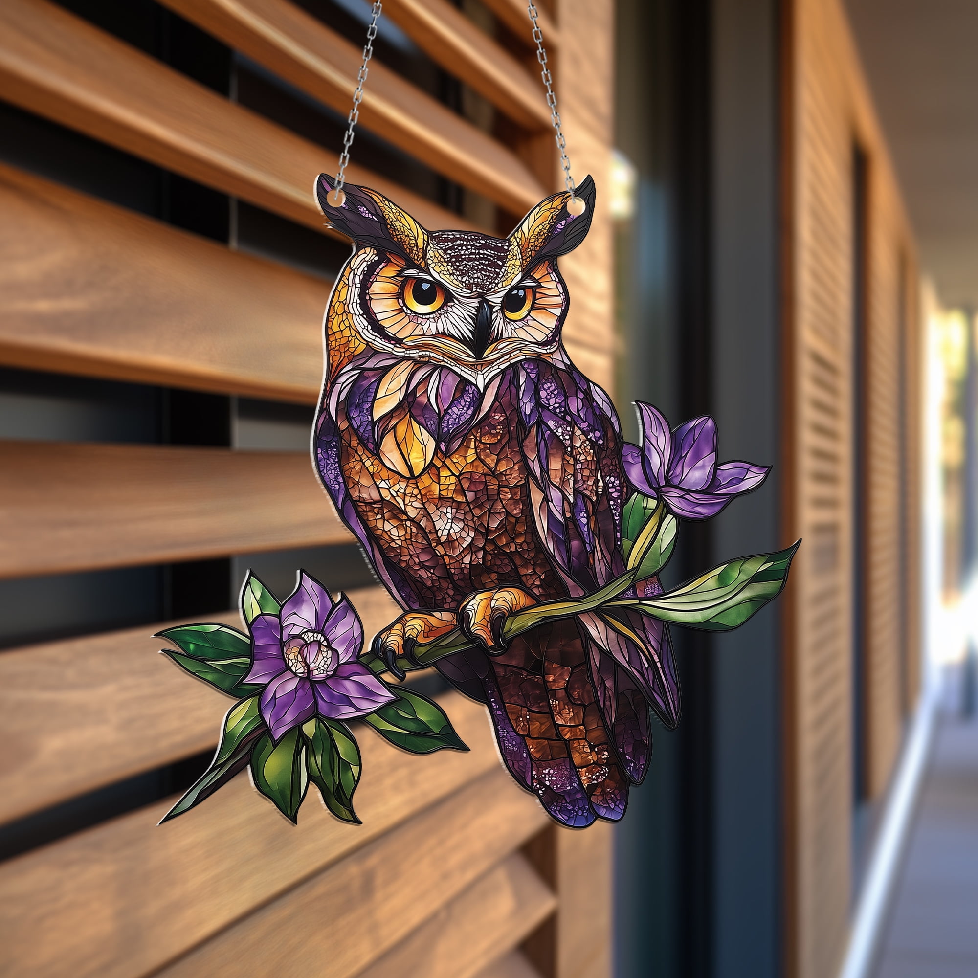 Great Horned Owl Window Hanging - Acrylic Suncatcher with Purple ...