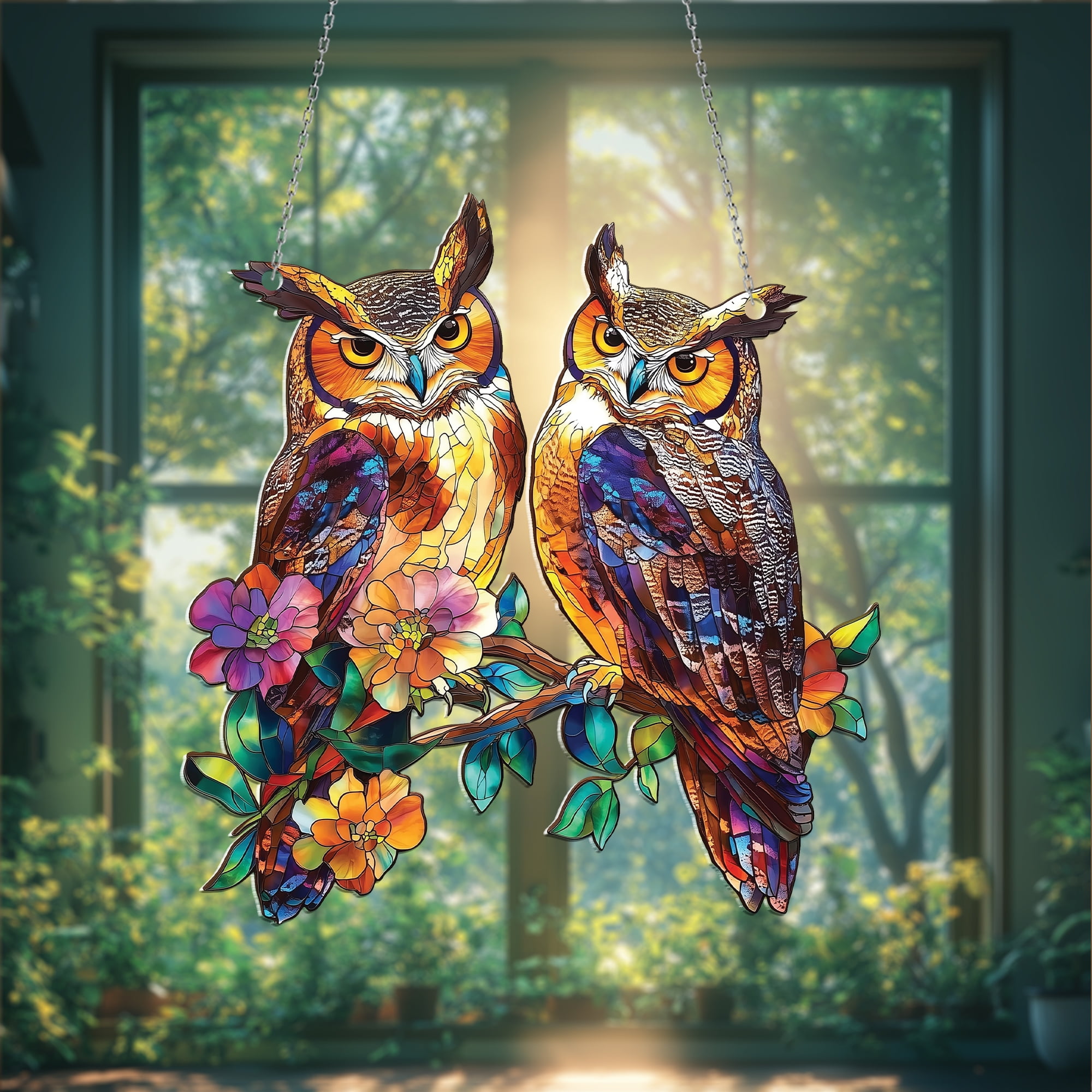 Great Horned Owl Window Hanging - Acrylic Suncatcher with Purple ...