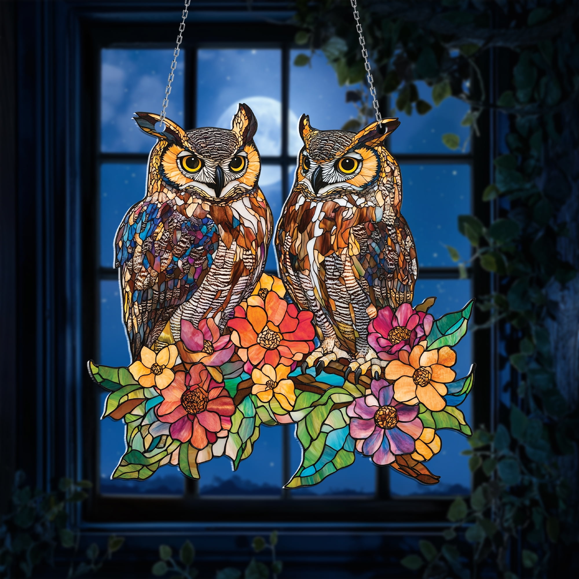 Great Horned Owl Window Hanging - Acrylic Suncatcher with Purple ...