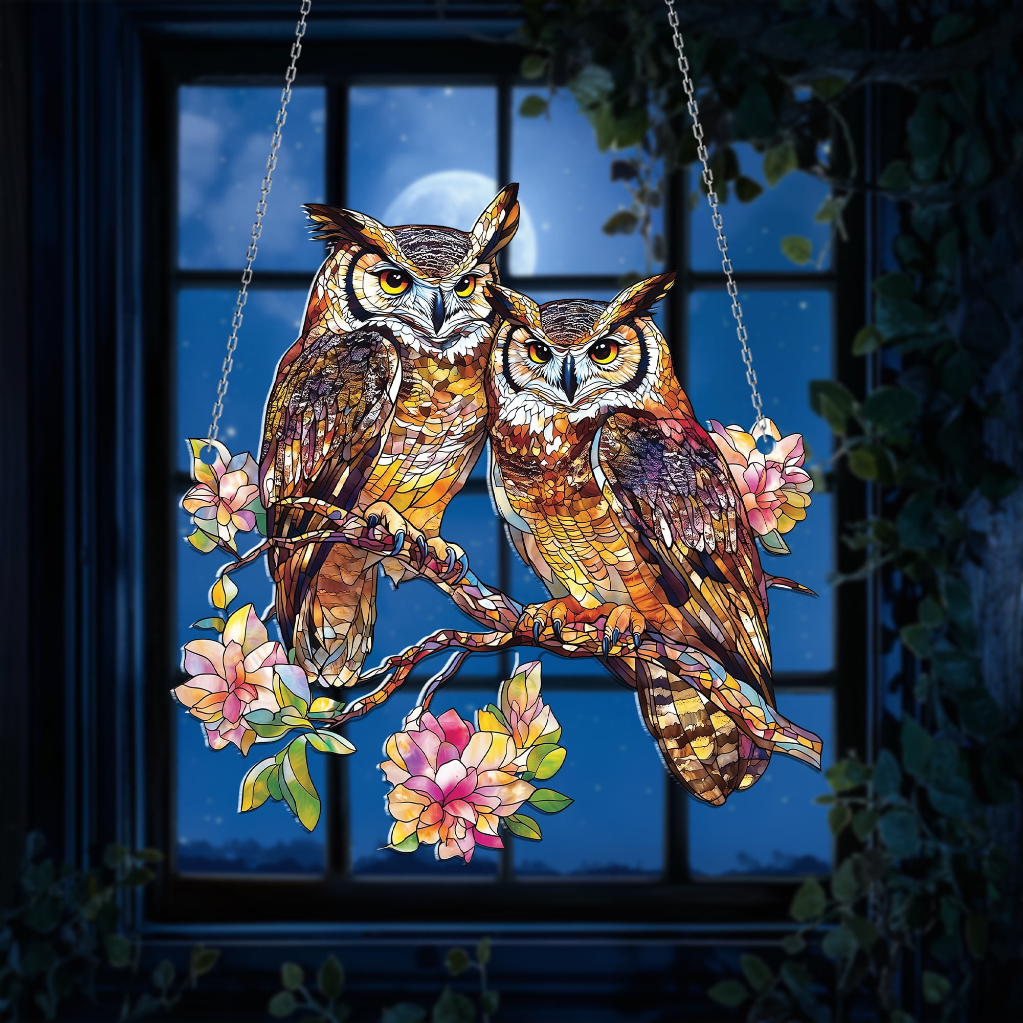 Great Horned Owl Window Hanging - Acrylic Suncatcher with Purple ...