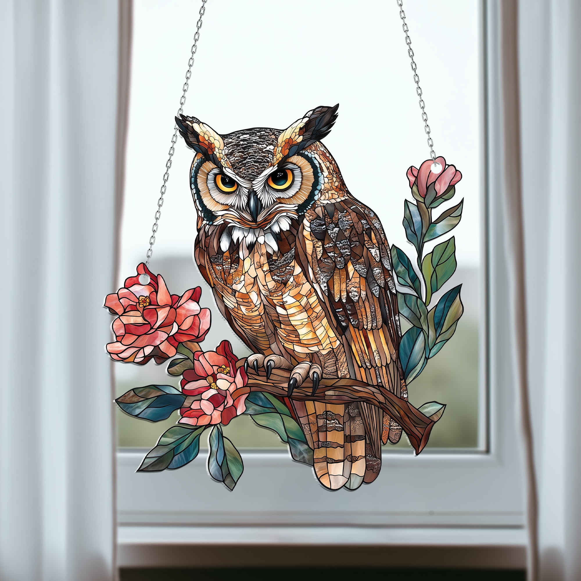 Great Horned Owl Window Hanging - Acrylic Suncatcher with Purple ...