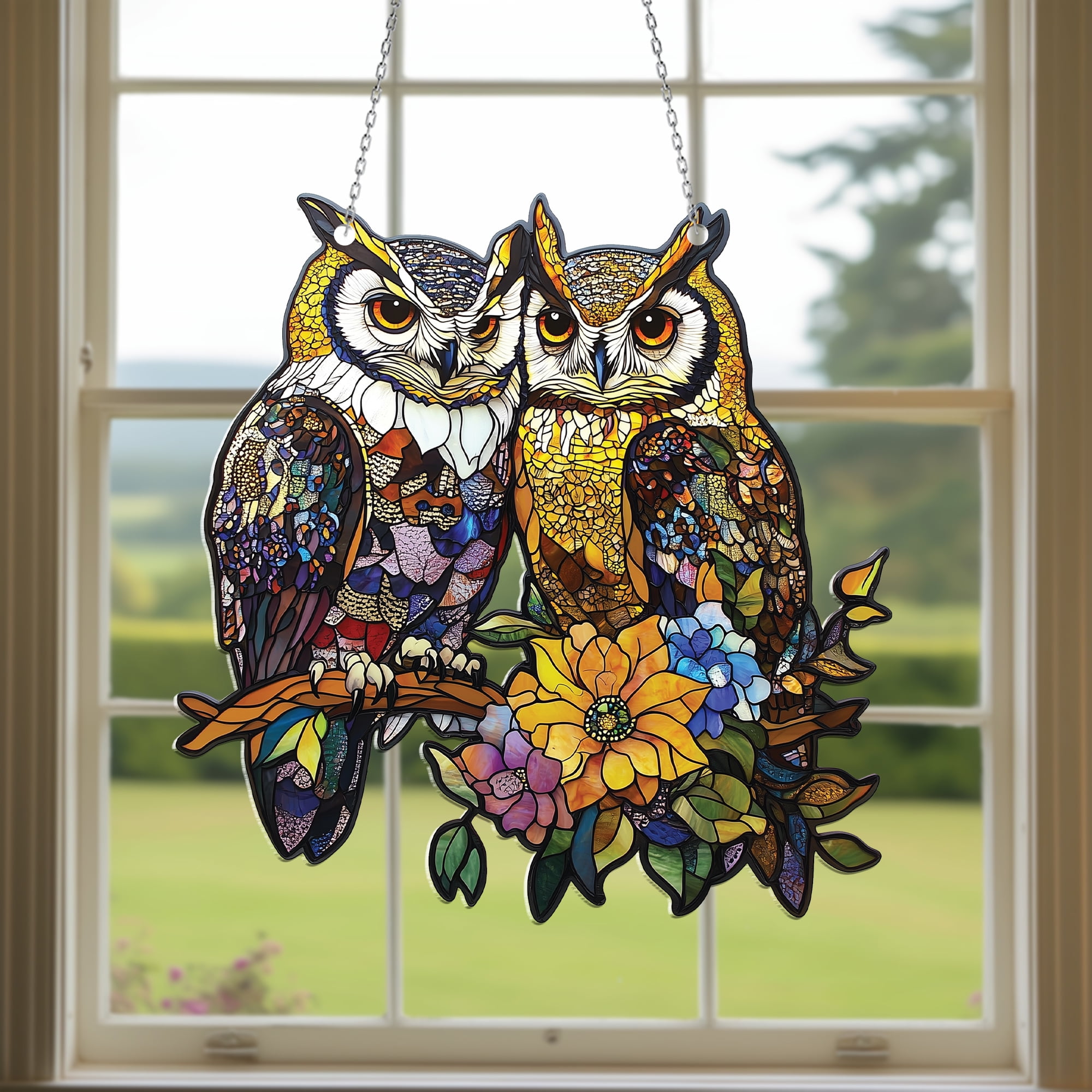 Great Horned Owl Window Hanging - Acrylic Suncatcher with Purple ...