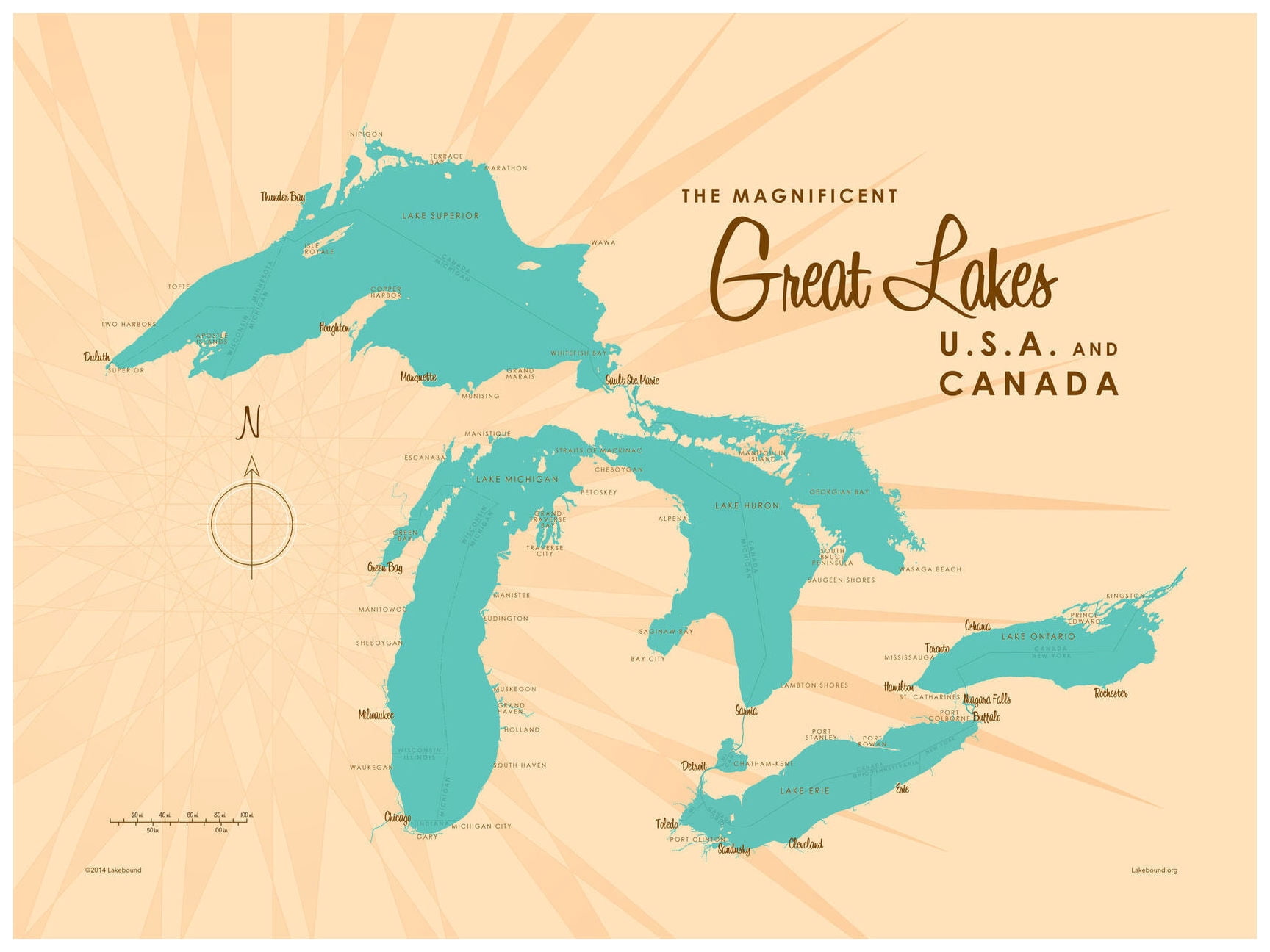 Great Lakes Map Giclee Art Print Poster from Illustration by Lakebound ...