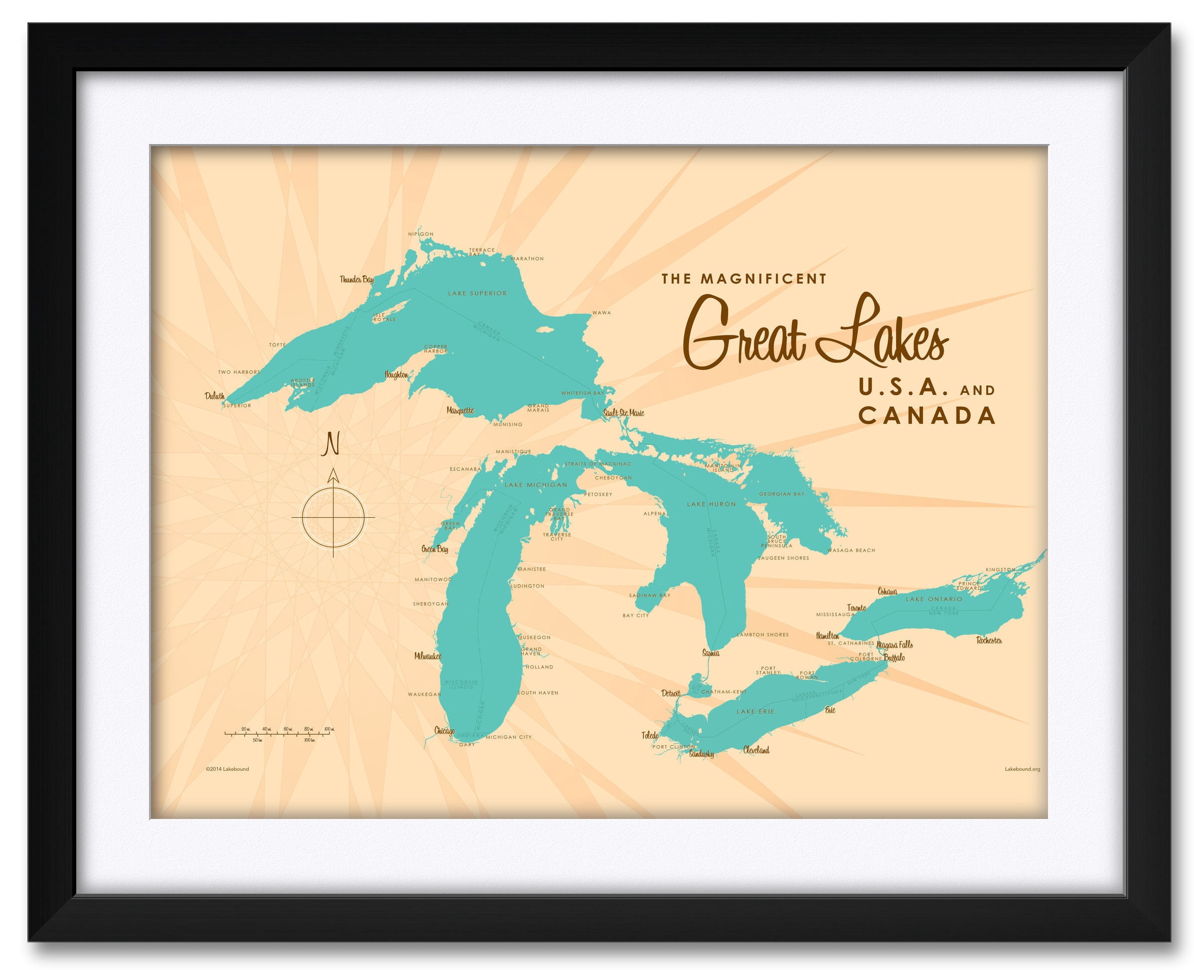 Great Lakes Map Professionally Framed & Matted Art Print from ...
