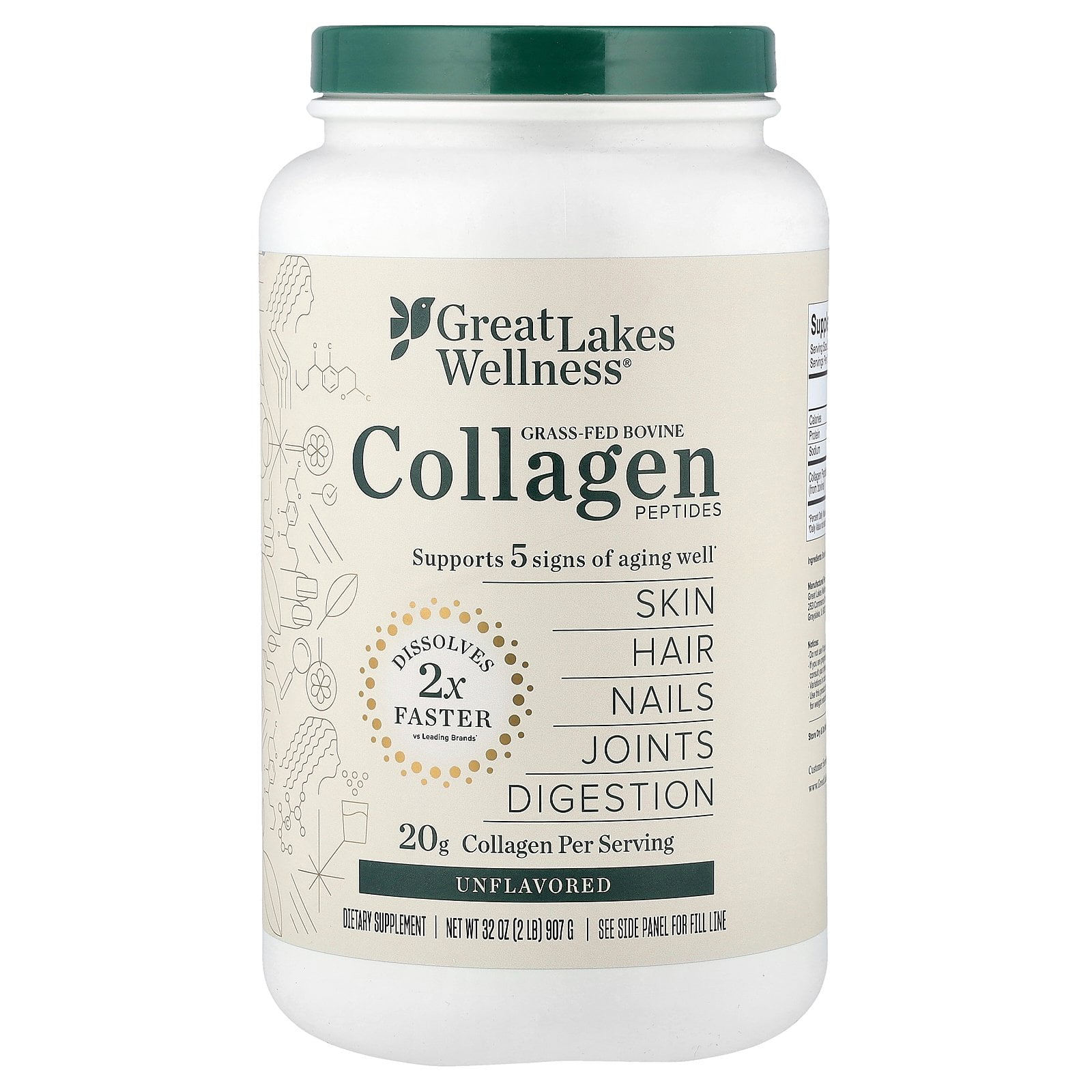 Great Lakes Wellness Grass-Fed Bovine Collagen Peptides, Unflavored, 32 ...