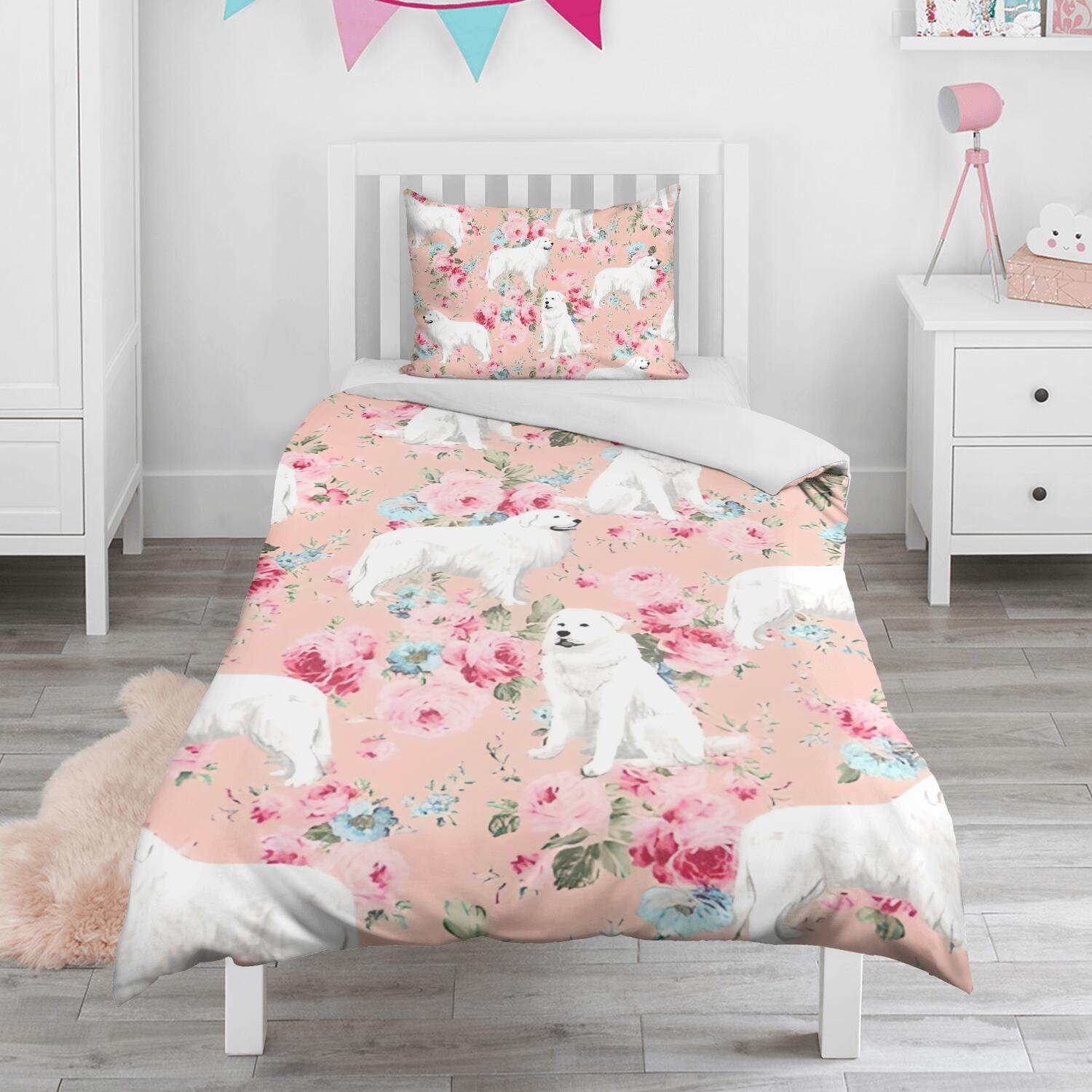 Great Pyrenees Dog and Flower Duvet Cover and Pillowcase Set for Single ...