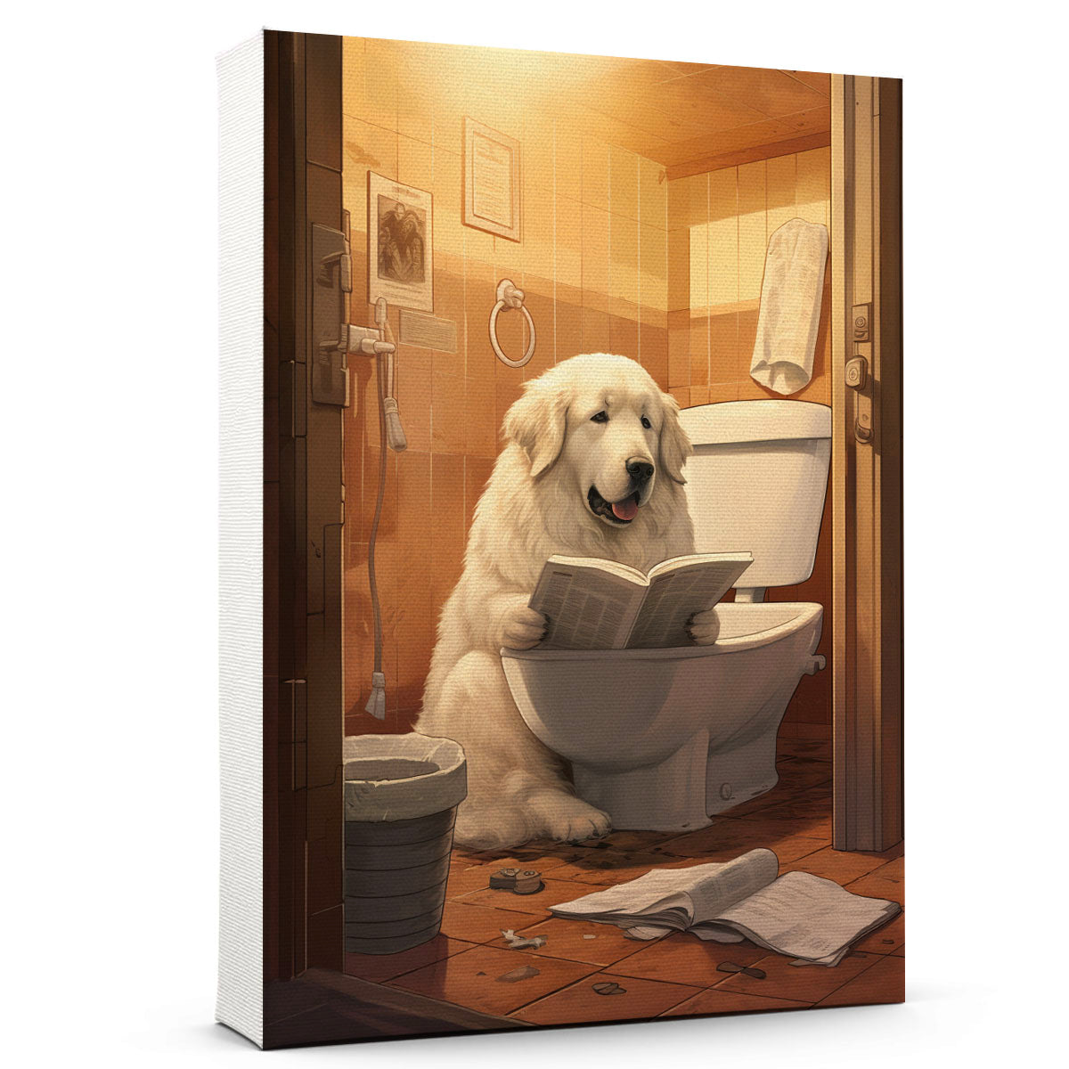Great Pyrenees Gift Wall Art, Cute Dog Sitting on The Toilet Reading a ...