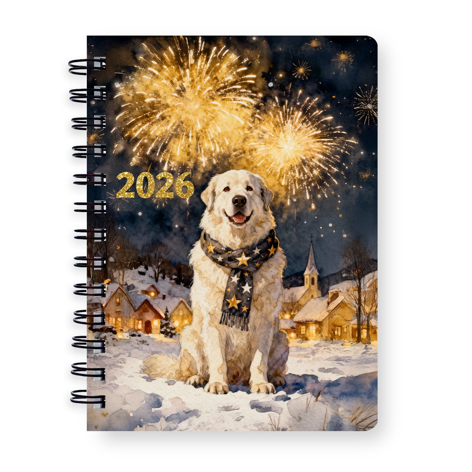 Great Pyrenees Happy New Year 2026 with Fireworks on New Year's Eve Spiral Bound Journal Pyr Dog ...