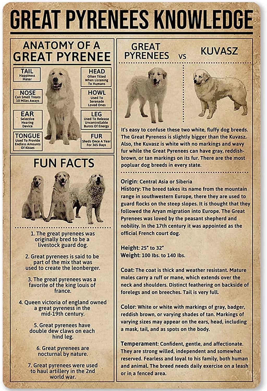 Great Pyrenees Knowledge Metal Sign Wall Decor Poster Dog Infographic ...