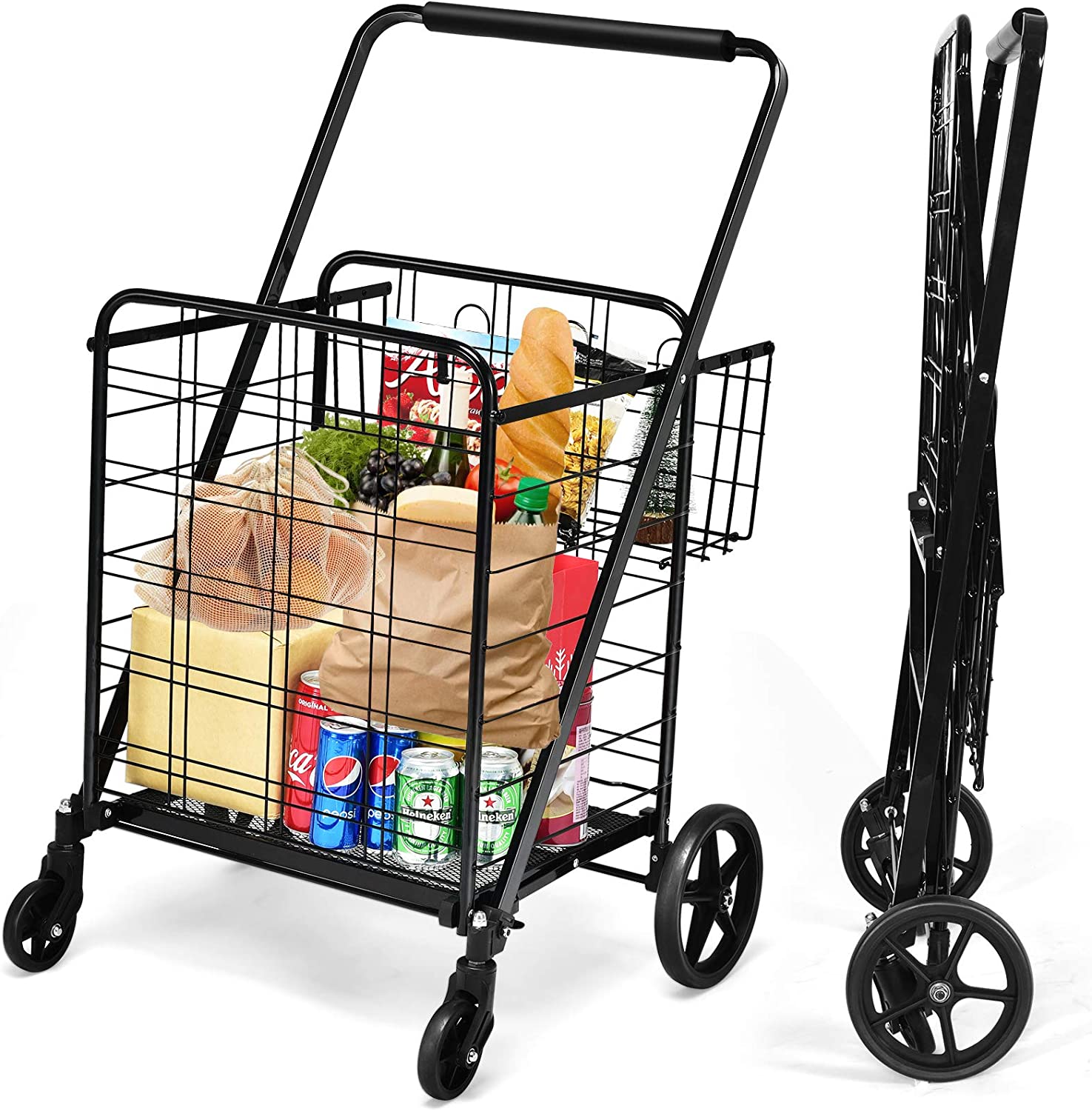 Great Sale Folding Shopping Cart, Jumbo Double Basket Utility Grocery Cart 330lbs Capacity with ...
