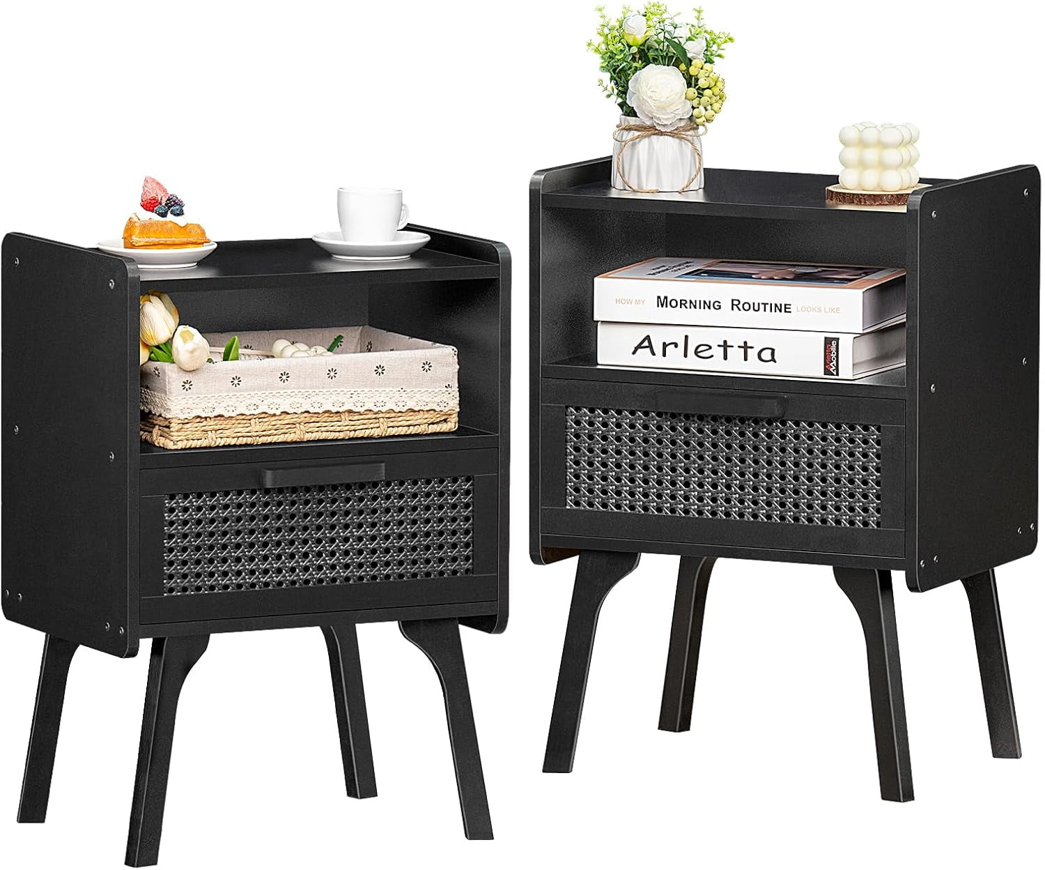 Great Sale Rattan Nightstands Set of 2, Boho Side Table with Drawer ...