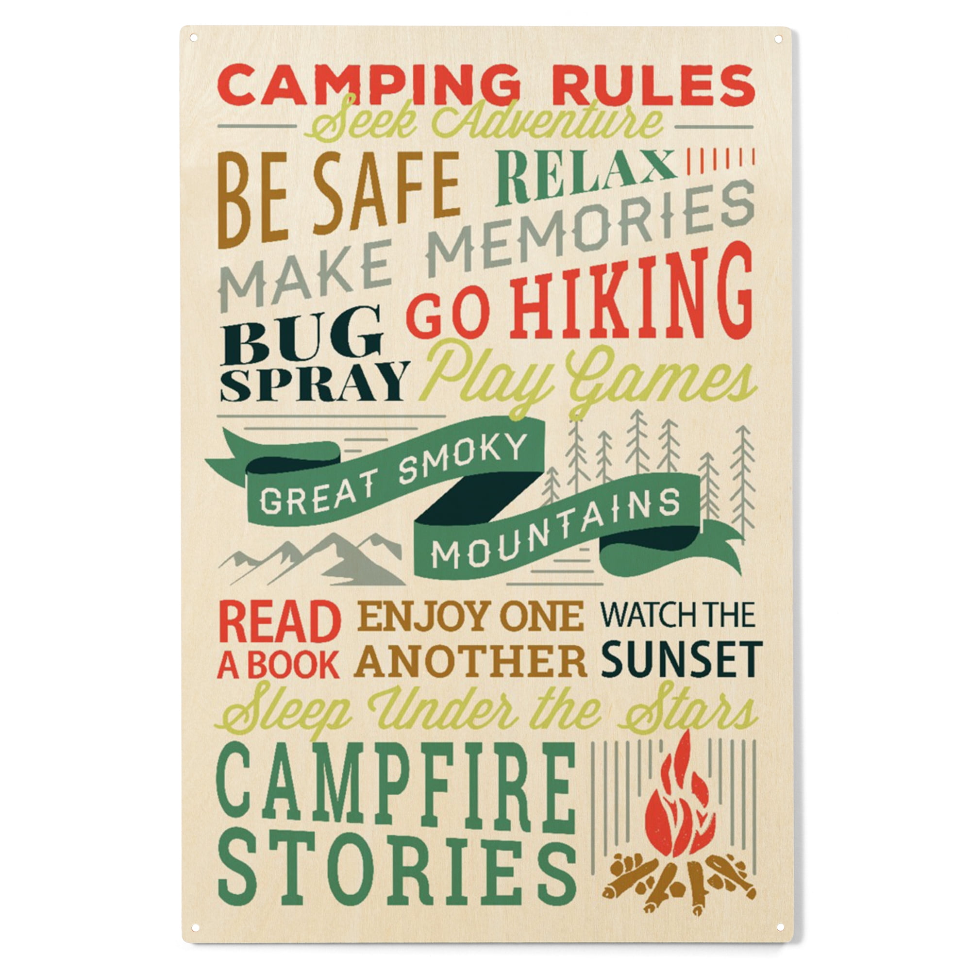 Great Smoky Mountains, Camping Rules, Typography Birch Wood Wall Sign ...