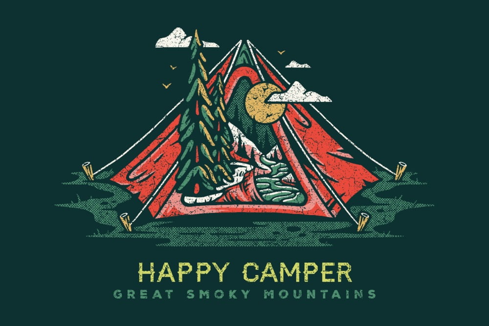 Great Smoky Mountains, Tent, Distressed Vector Shapes (12x18 Wall Art ...