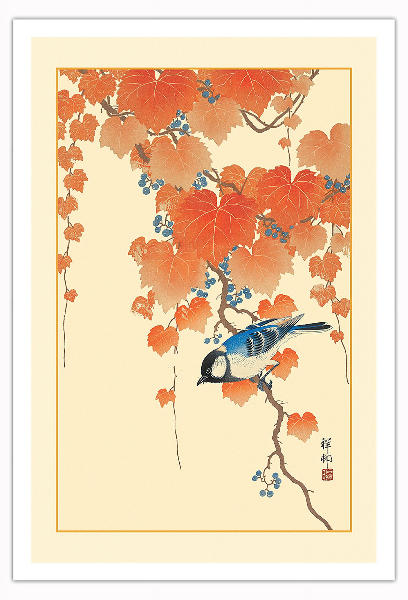 Great Tit on Paulownia Branch - From an Original Woodblock Print by ...