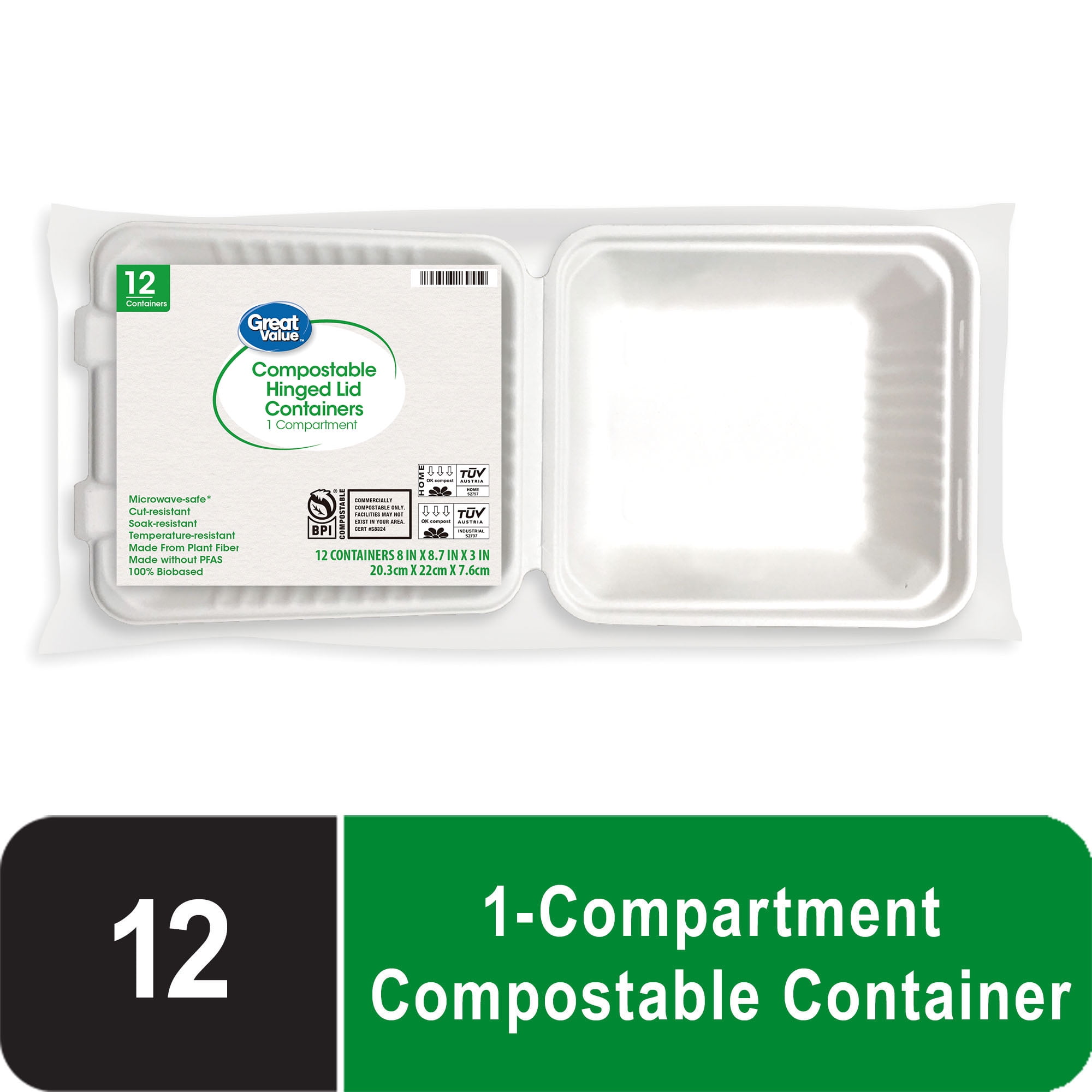 Great Value 1 Compartment Hinged Container, White, 12ct Microwave Safe ...