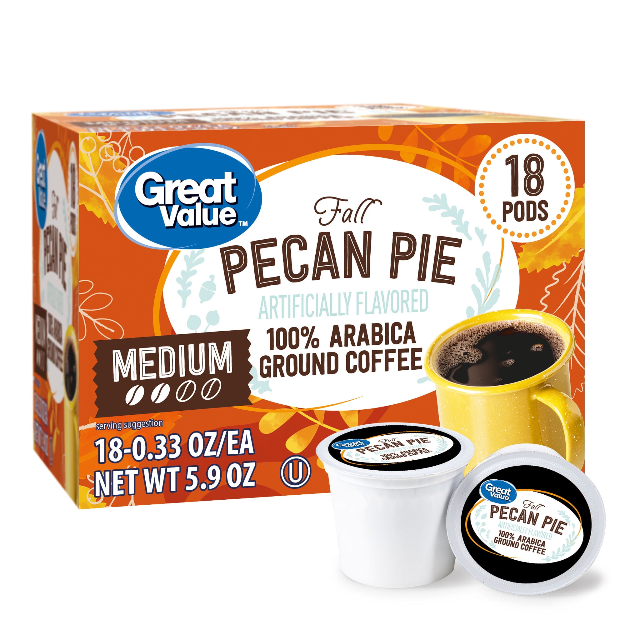 Great Value 100% Arabica Pecan Pie Medium Roast Ground Coffee Pods, 18 ...