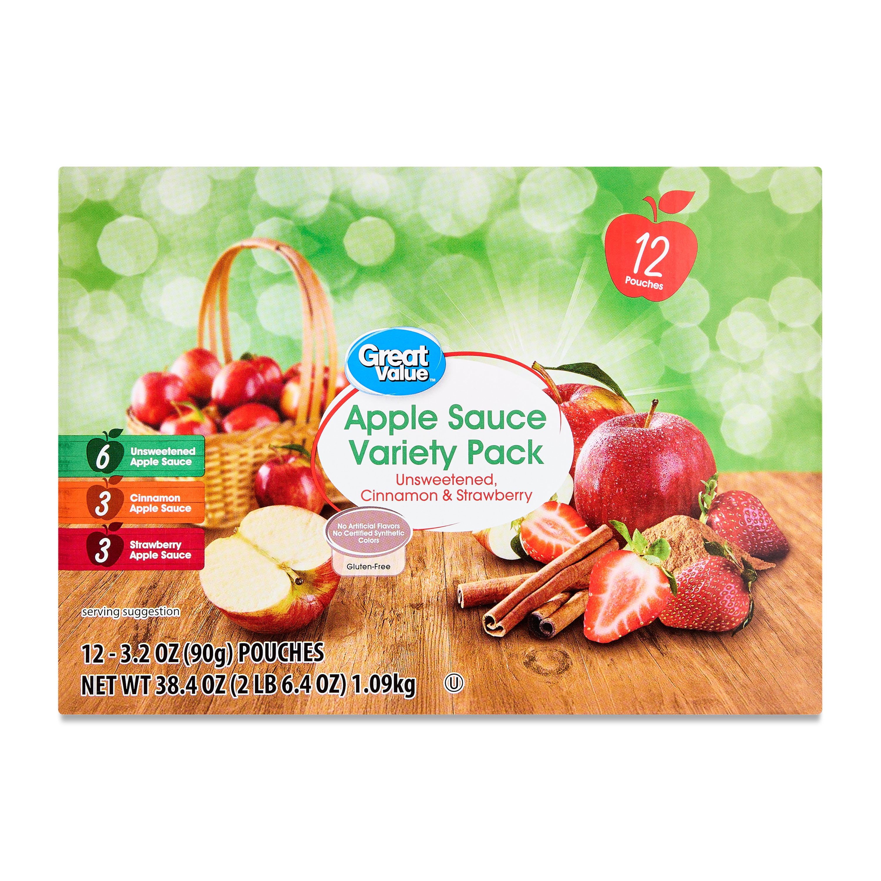 Great Value Apple Sauce Variety Pack, 12 Pouches, 38.4 oz, with ...