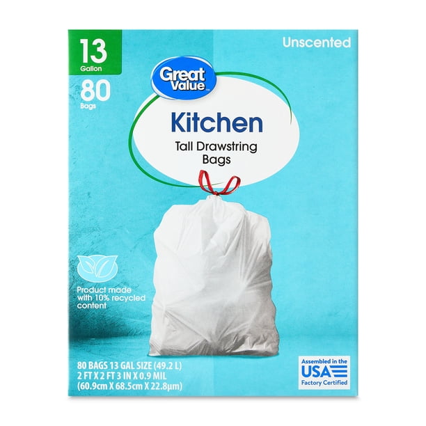Great Value 13-Gallon Drawstring Tall Kitchen Bags, 80 Bags - Walmart ...