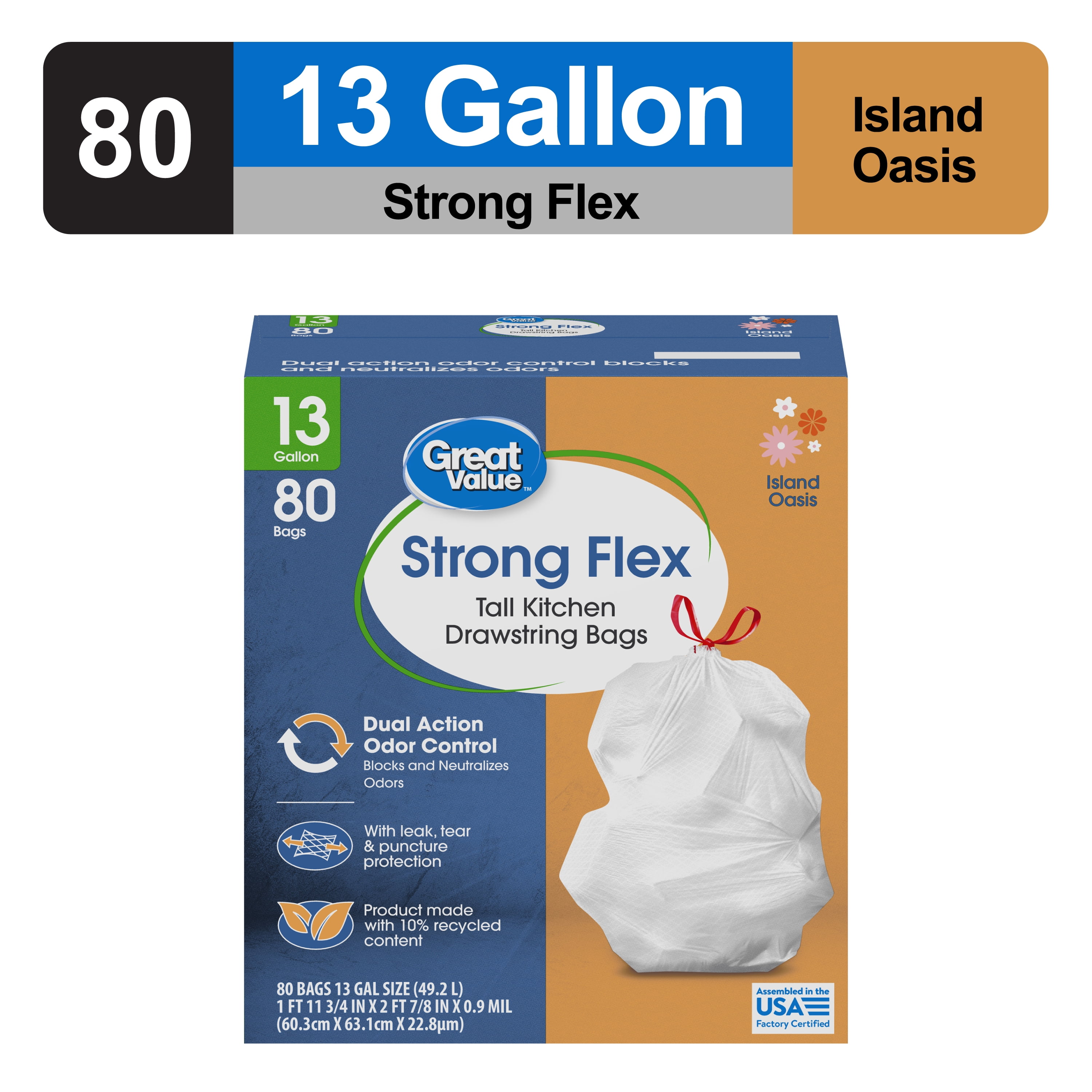 Great Value 13-Gallon Strong Flex Drawstring Kitchen Trash Bags, Island Oasis Scent, 80 Bags ...