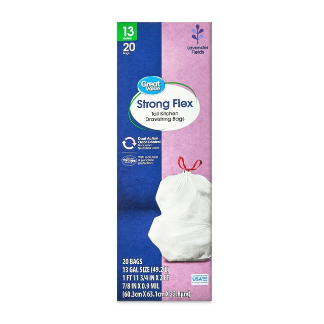 Great Value 13-Gallon Strong Flex Drawstring Tall Kitchen Trash Bags, Lavender Fields Scent, 20 ...
