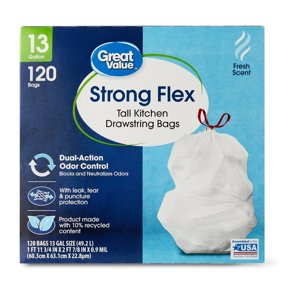 Great Value 13-Gallon White Strong Flex Drawstring Tall Kitchen Garbage ...