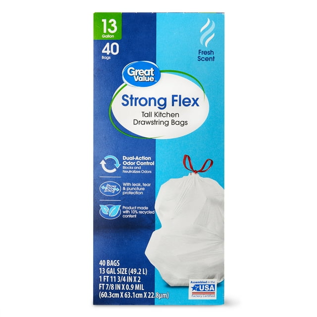 Great Value 13-Gallon White Strong Flex Drawstring Tall Kitchen Garbage ...