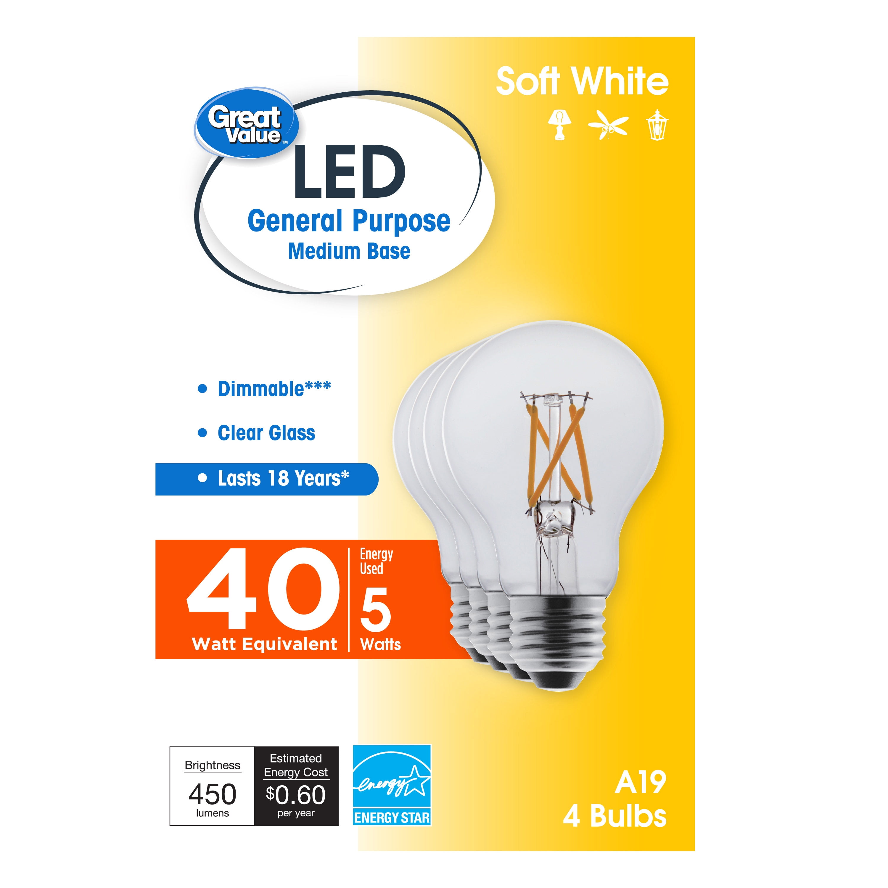 Great Value 18 Year LED Light Bulbs, A19 40 Watts Equivalent, Dim, E26 ...