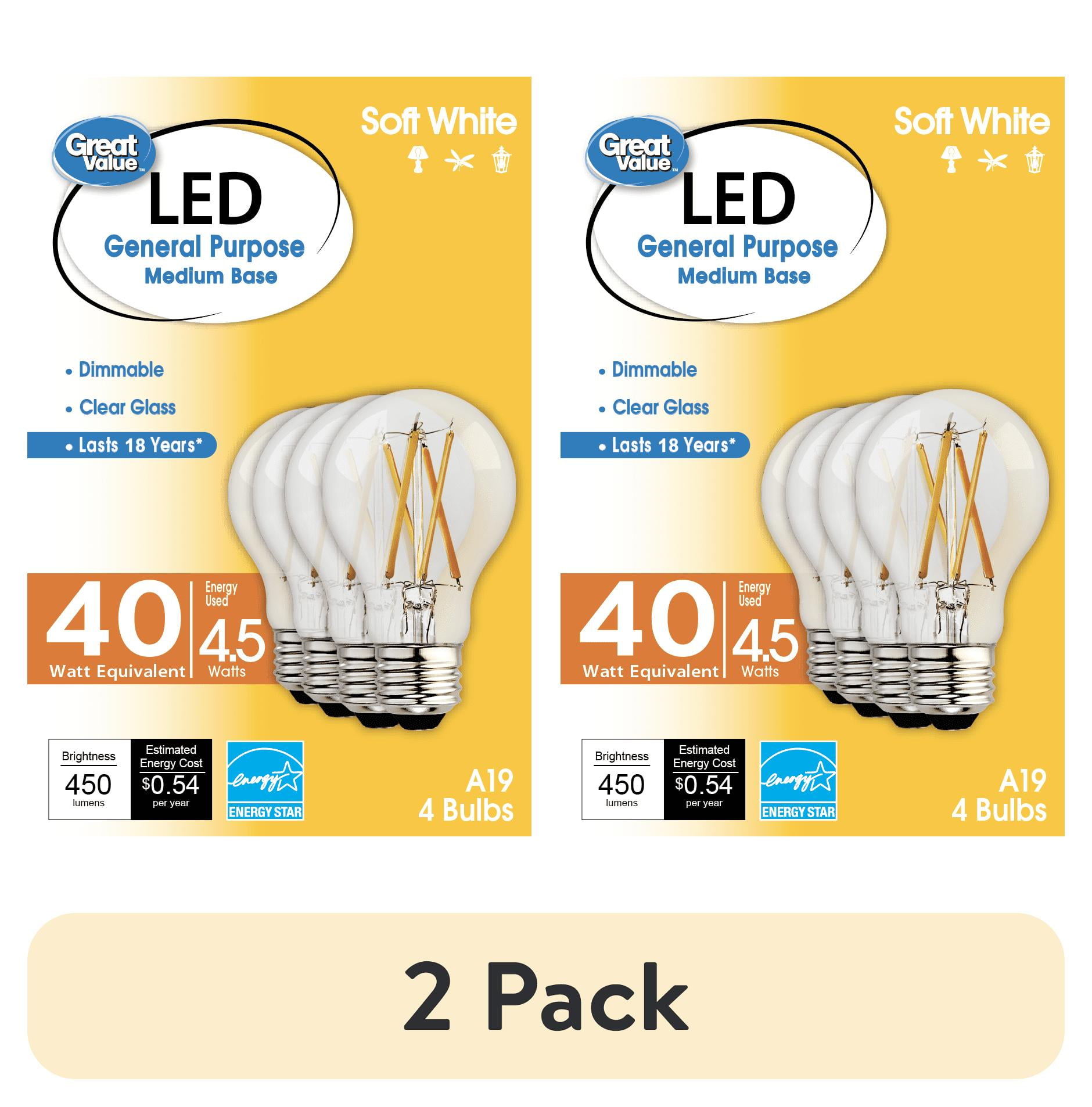 (2 pack) Great Value 18 Year LED Light Bulbs A19 40 Watts Equivalent ...