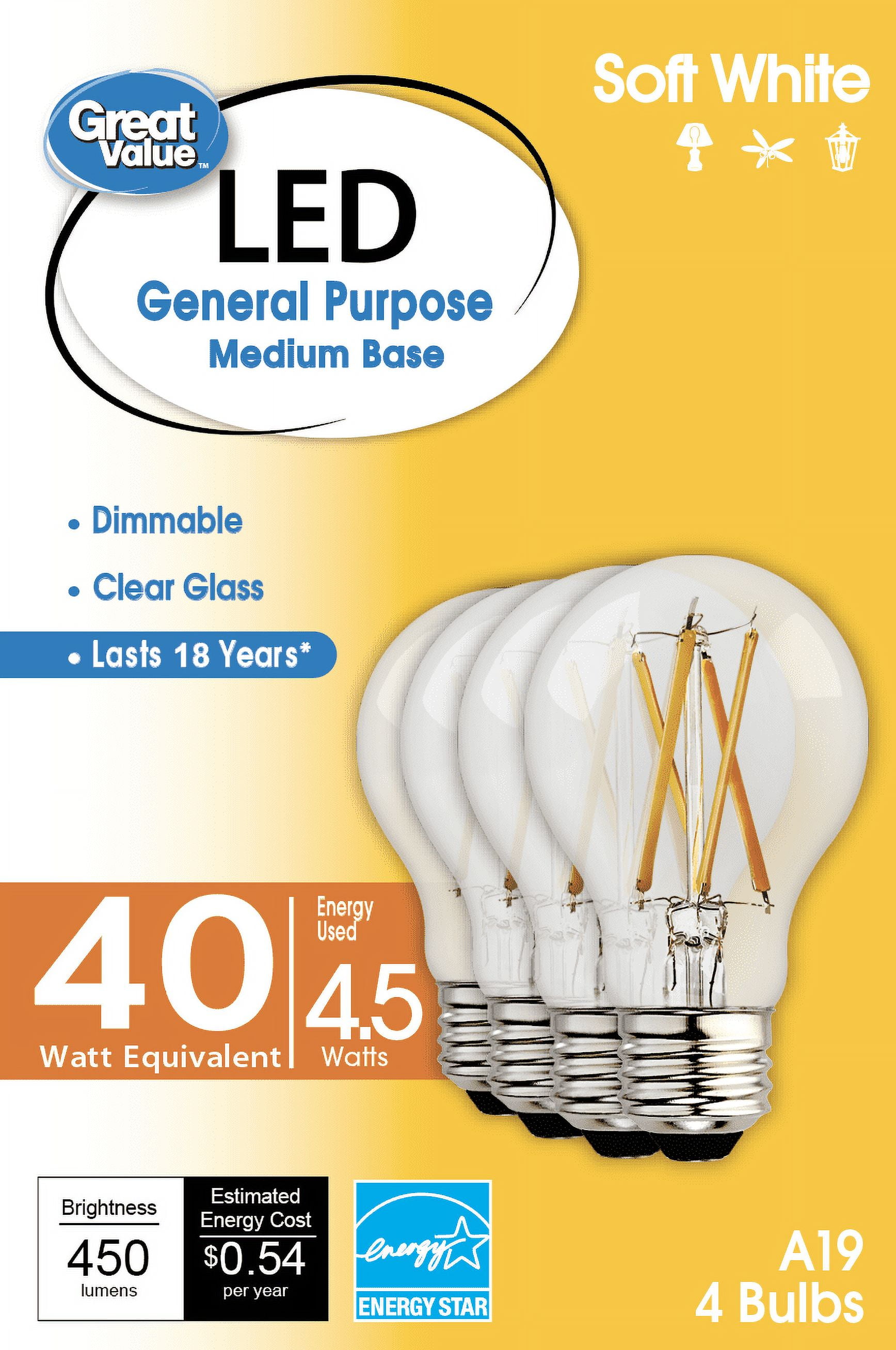 Great Value 18 Year LED Light Bulbs A19 40 Watts Equivalent, E26 ...