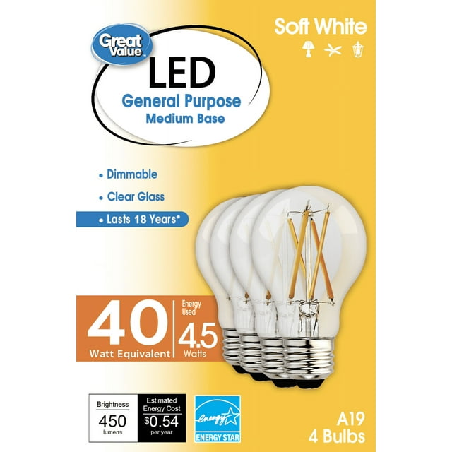 Great Value 18 Year LED Light Bulbs A19 40 Watts Equivalent, E26, Dimmable, Soft White, Clear ...
