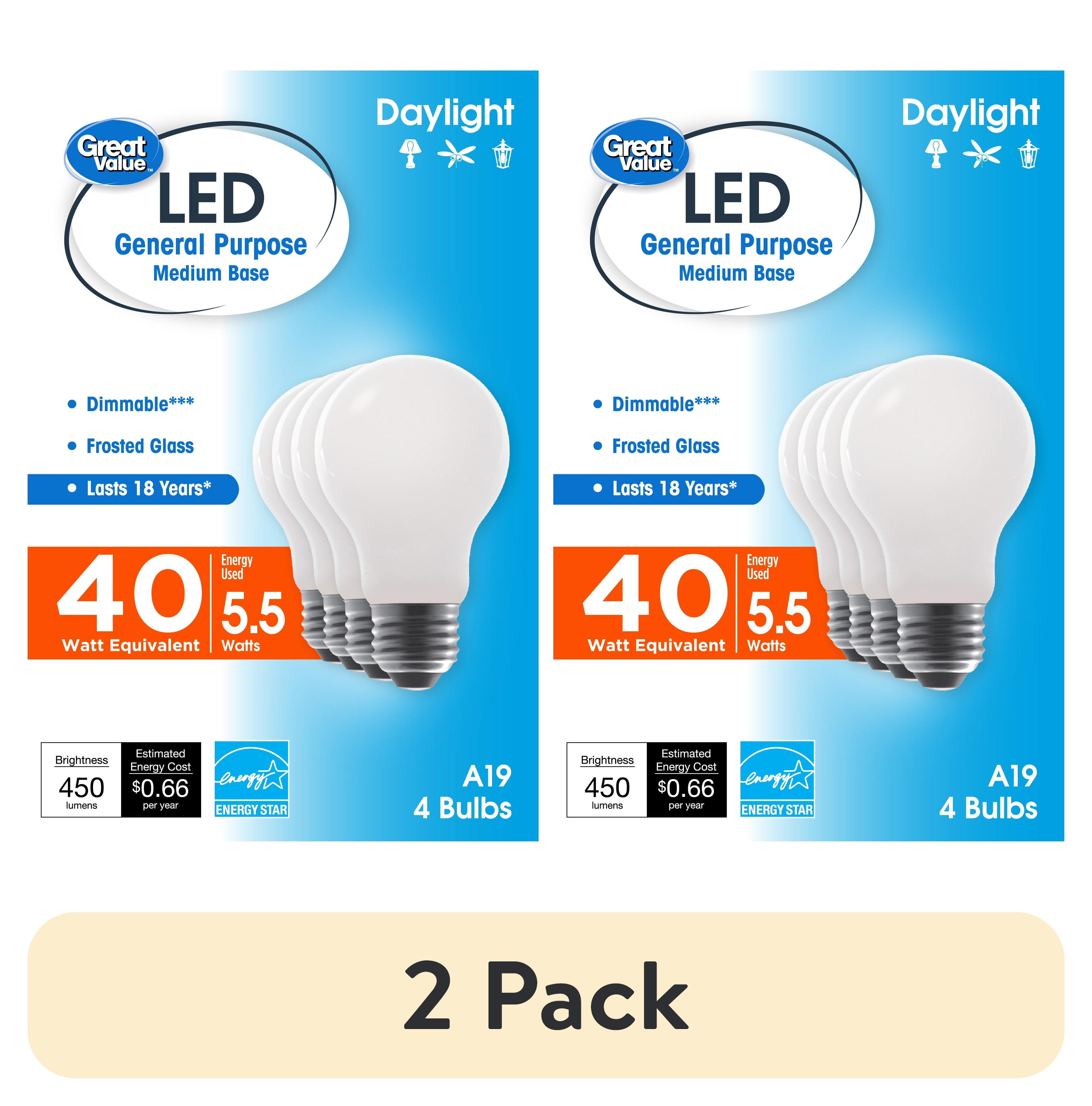 (2 pack) Great Value 18 Year LED Light Bulbs, A19 40 Watts Eqv, E26 ...