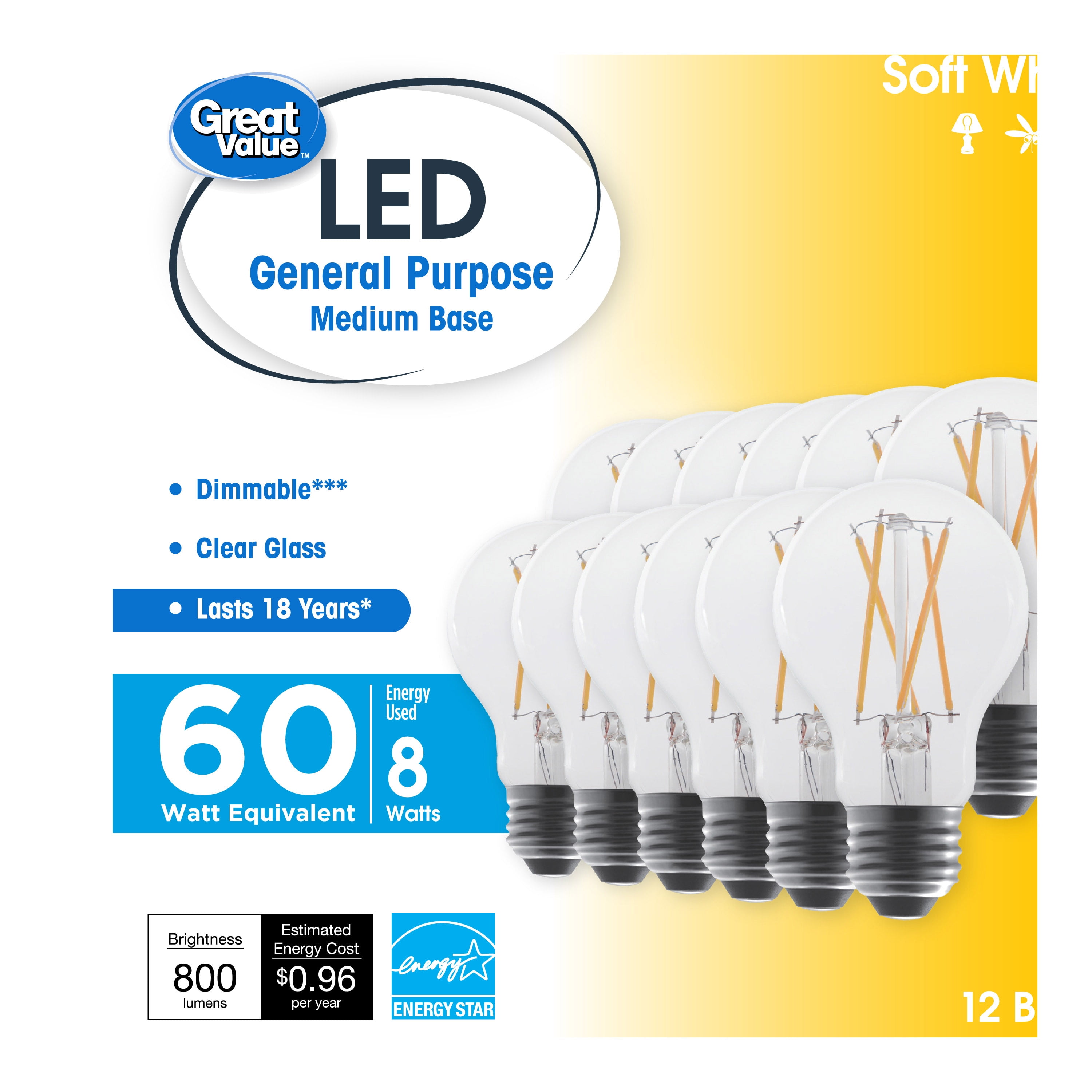 Great Value 18 Year LED Light Bulbs A19 60 Watts Equivalent E26 ...